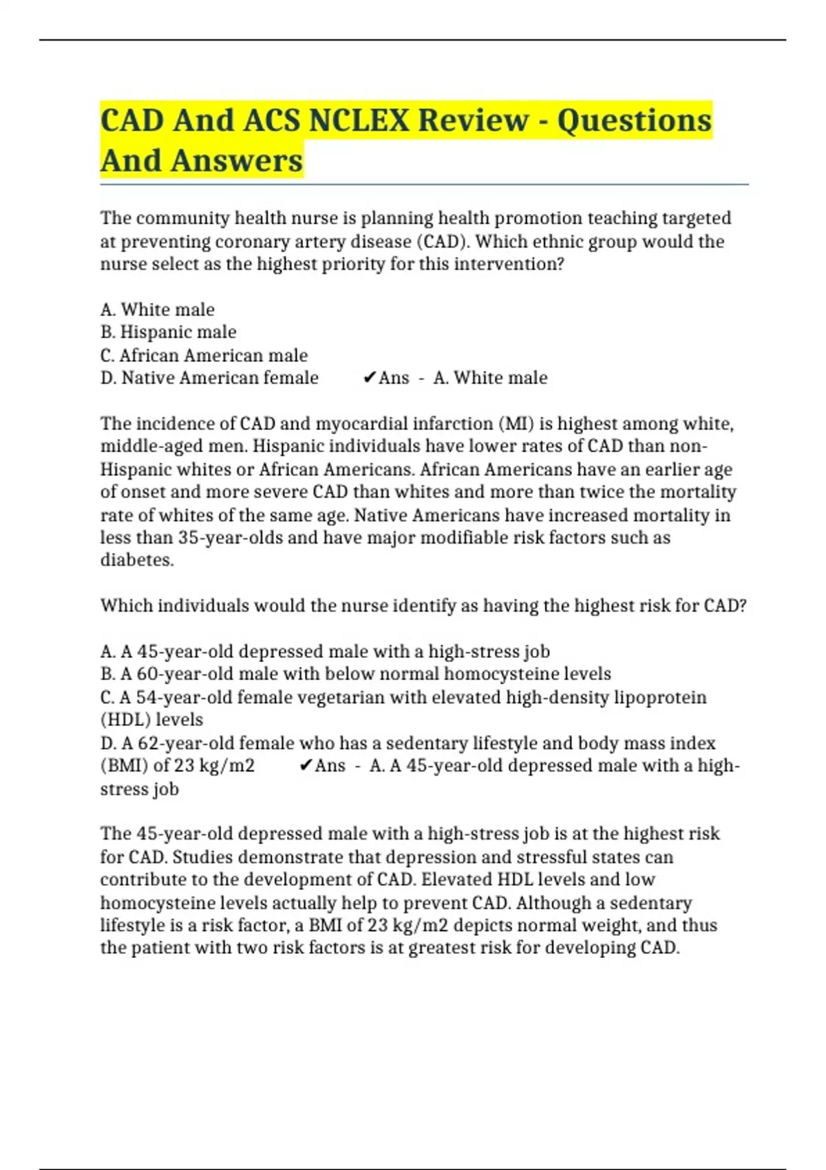 CAD And ACS NCLEX Review - Questions And Answers - CAD and ACS NCLEX ...