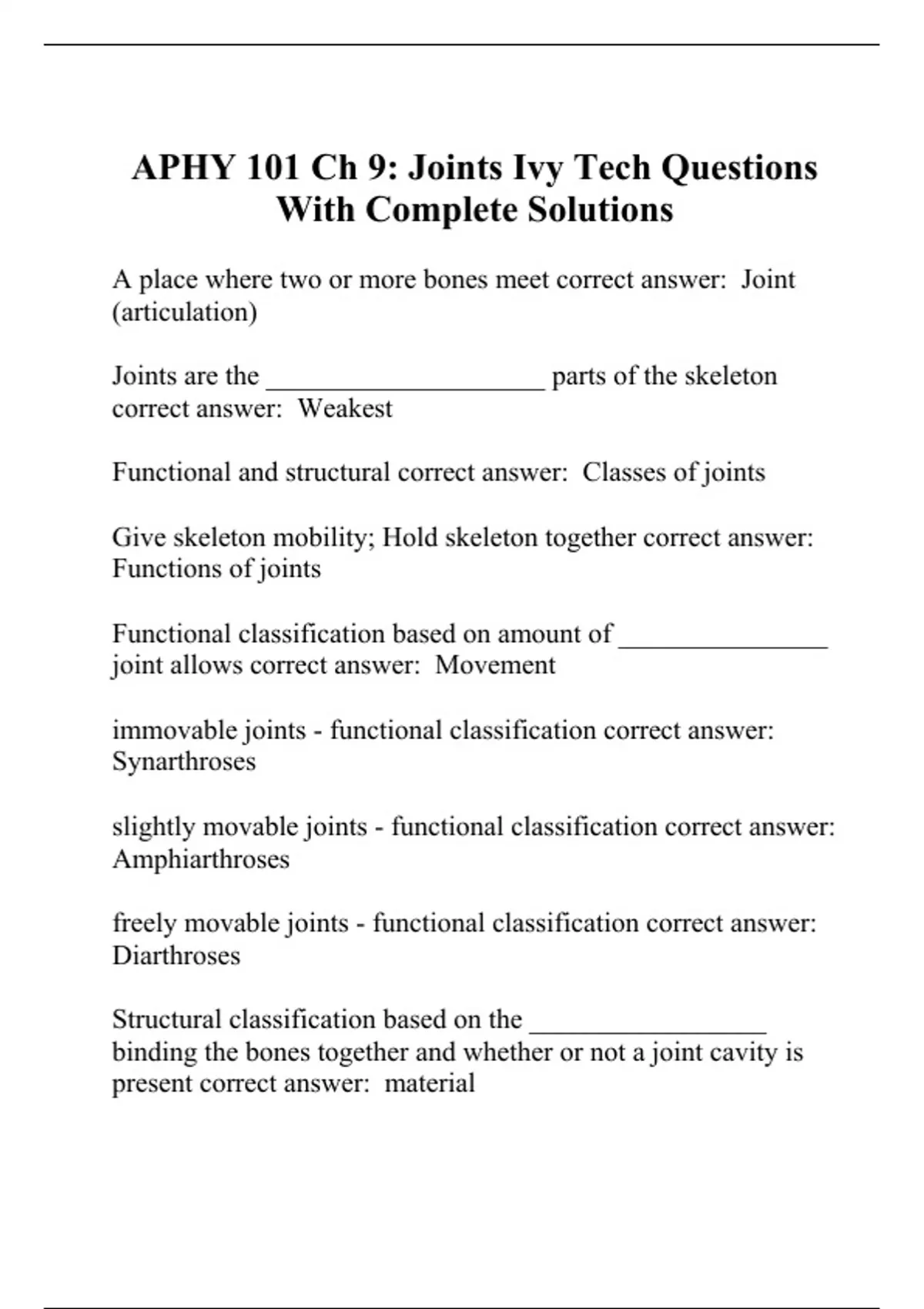 APHY 101 Ch 9: Joints Ivy Tech Questions With Complete Solutions - APHY ...