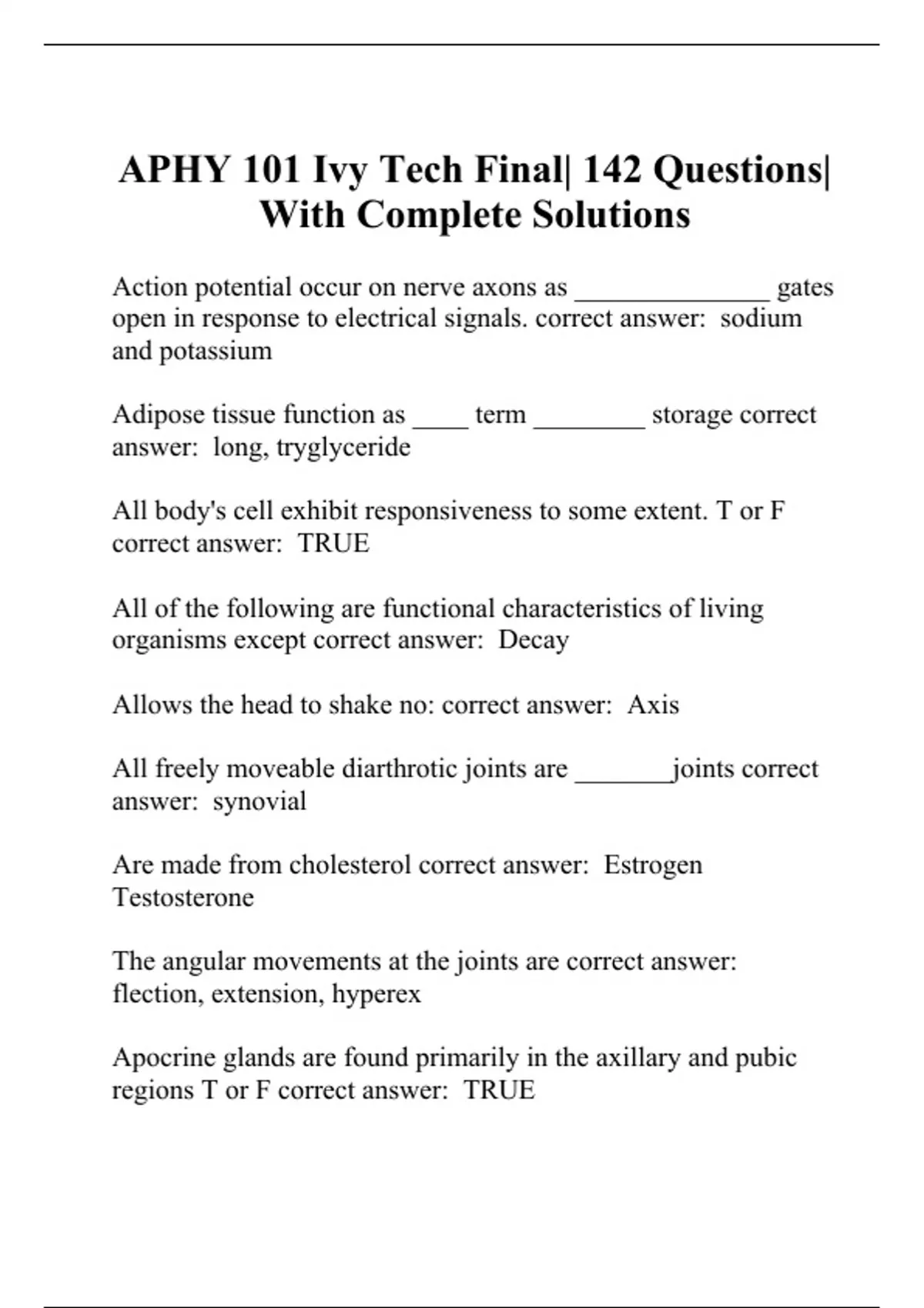 APHY 101 Ivy Tech Final| 142 Questions| With Complete Solutions - APHY ...