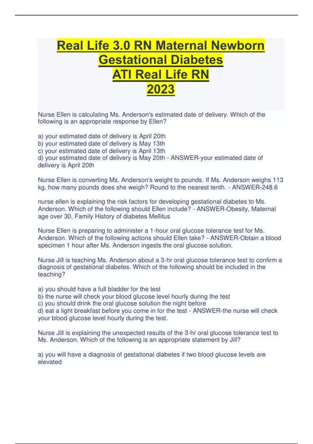 ATI preterm labor Exam 2023 A+,RN Maternal Newborn Preterm Labor Exam ...