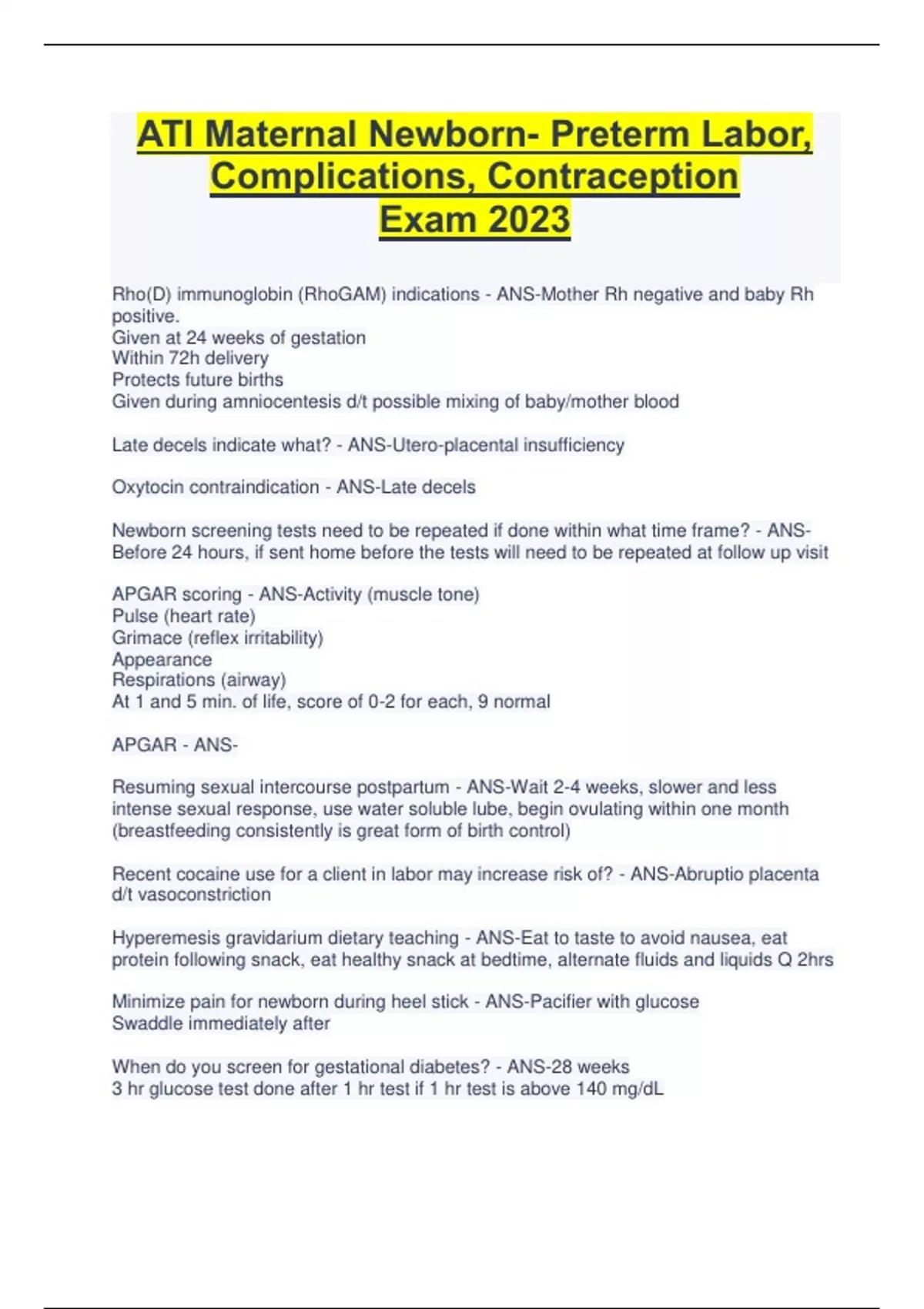 ATI Maternal Newborn- Preterm Labor, Complications, Contraception Exam ...