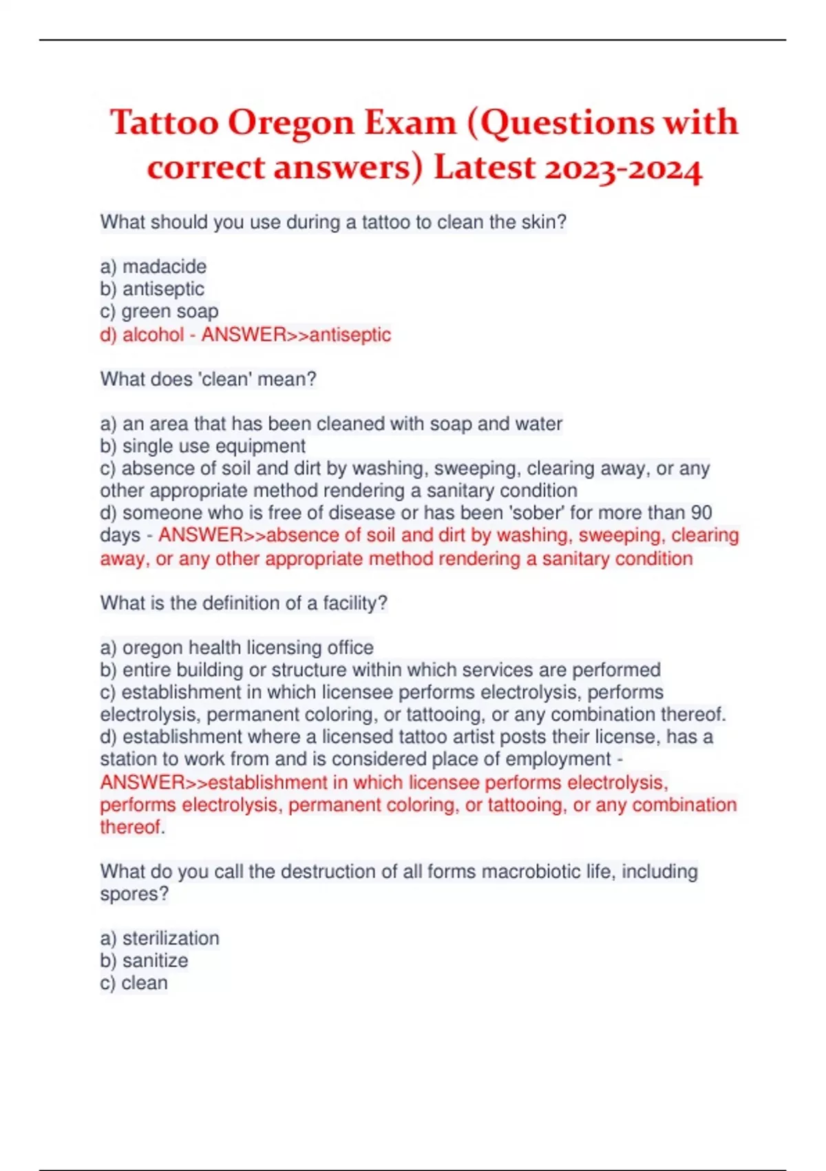 Tattoo Oregon Exam (Questions with correct answers) Latest - Tattoo ...