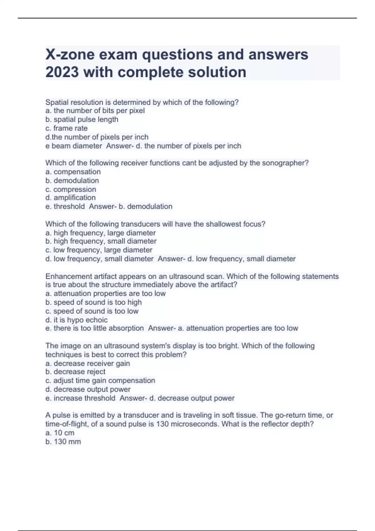 X-zone exam questions and answers 2023 with complete solution - X-zone - Stuvia US