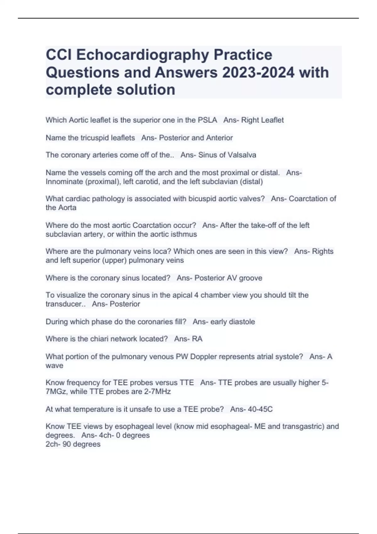 CCI Echocardiography Practice Questions and Answers with complete ...