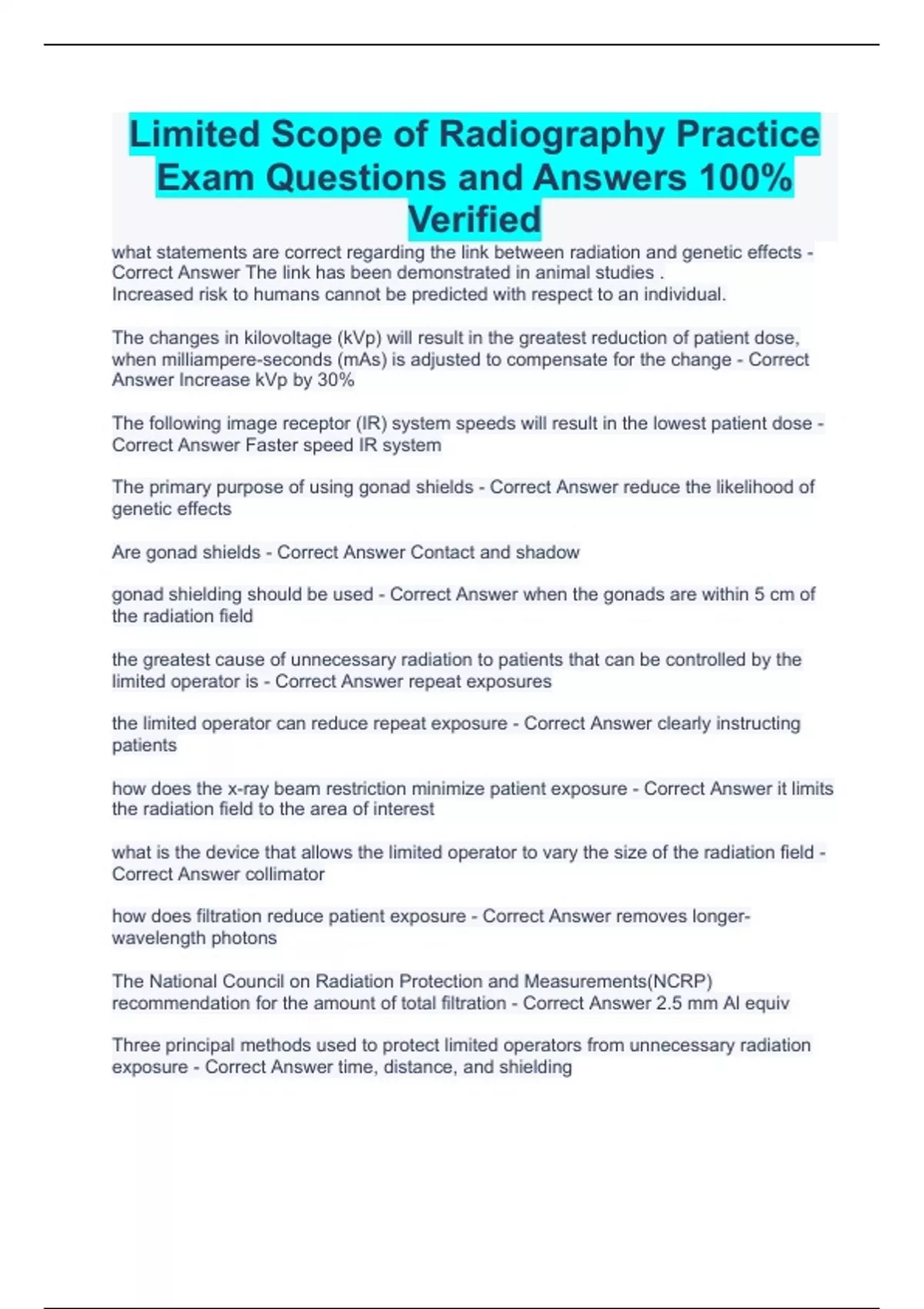 Limited Scope of Radiography Practice Exam Questions and Answers 100% ...