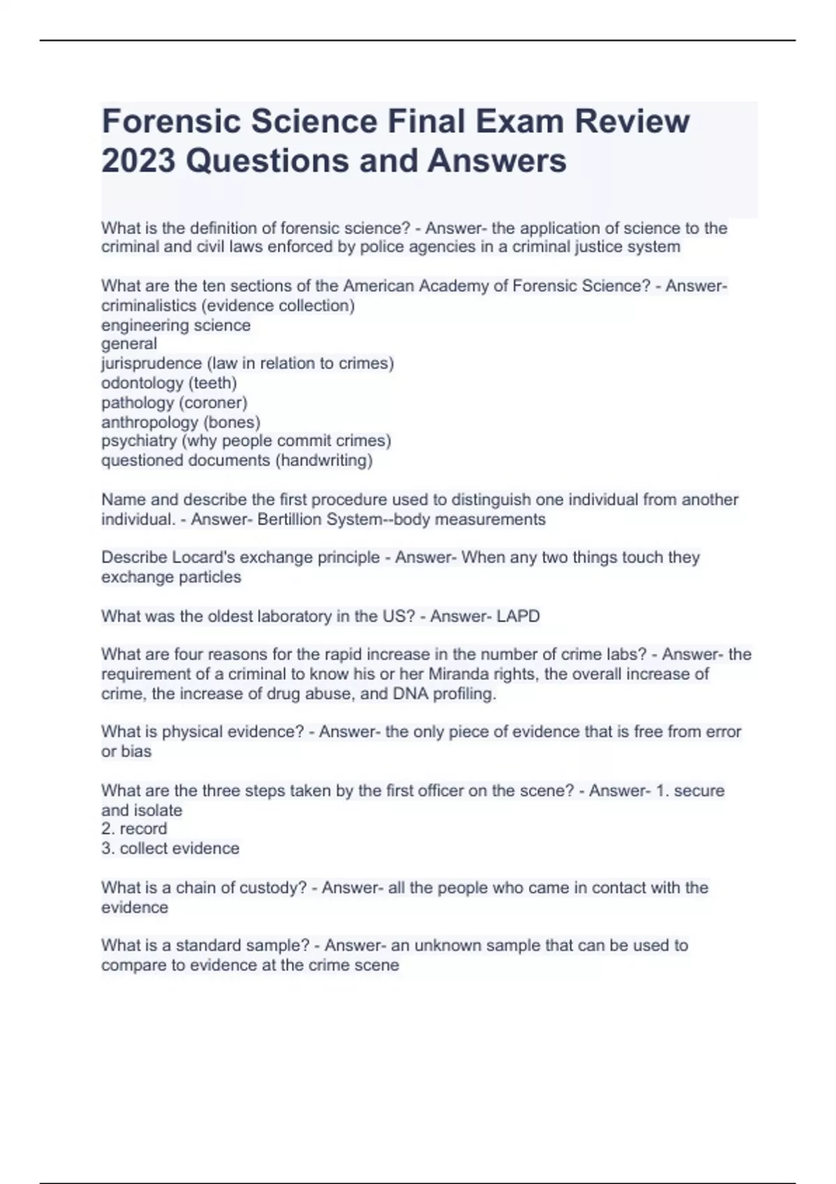 Forensic Science Final Exam Review 2023 Questions and Answers ...