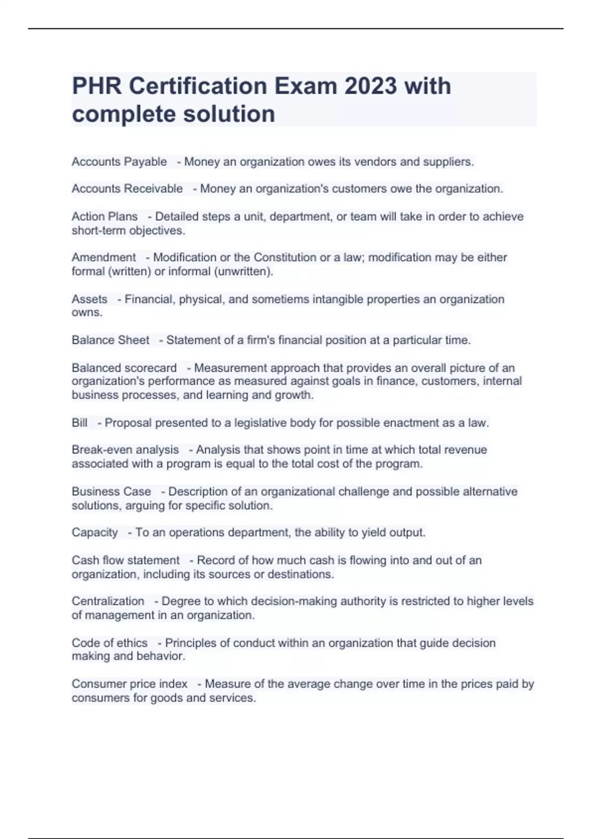 PHR Certification Exam 2023 with complete solution - PHR - Stuvia US