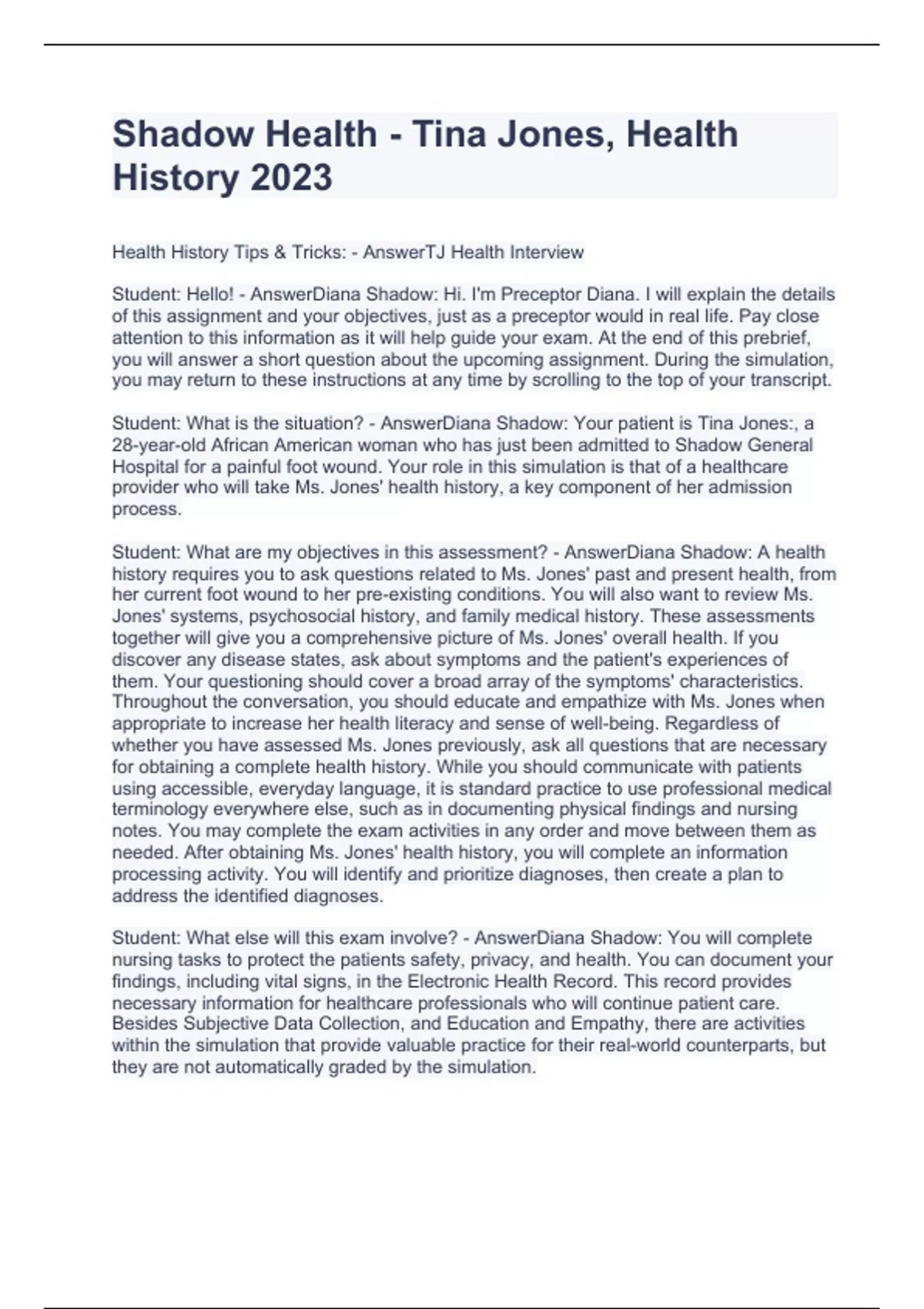 Shadow Health - Tina Jones, Health History 2023 - Shadow Health - Stuvia US