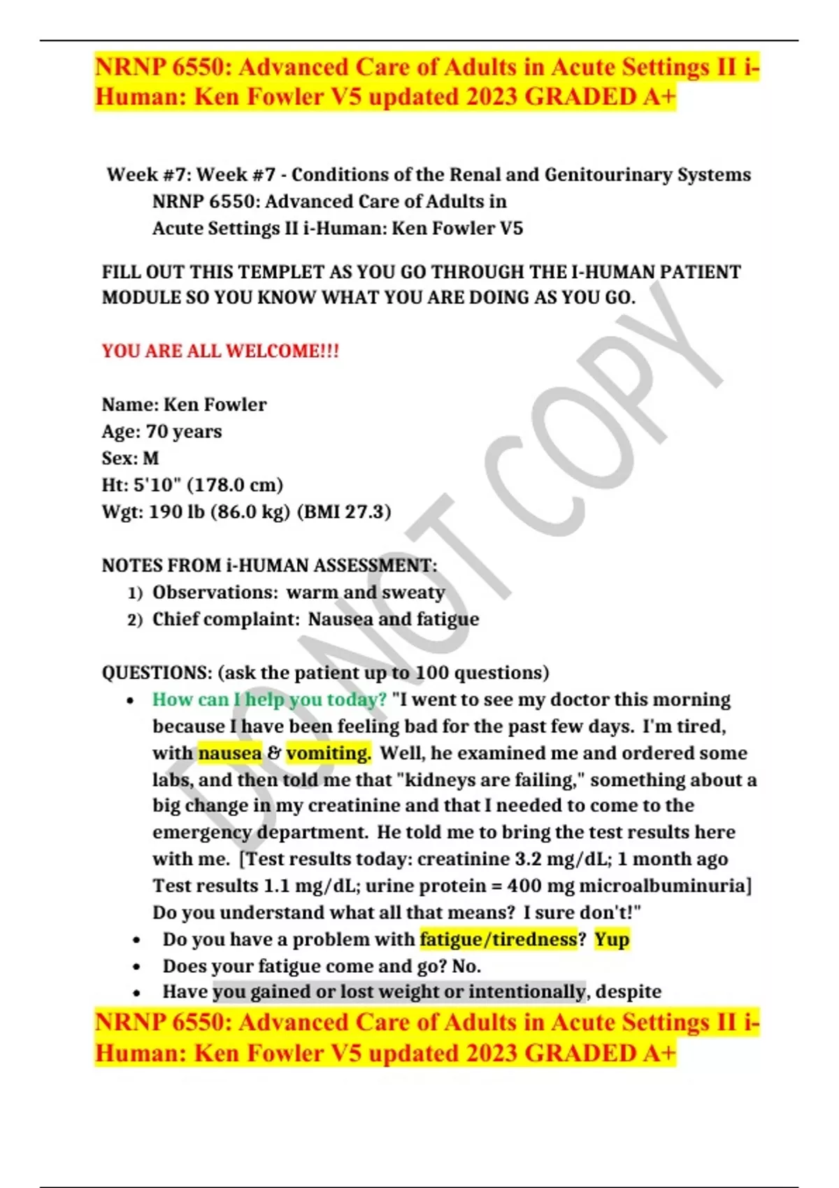 NRNP 6550: Advanced Care of Adults in Acute Settings II i-Human: Ken ...