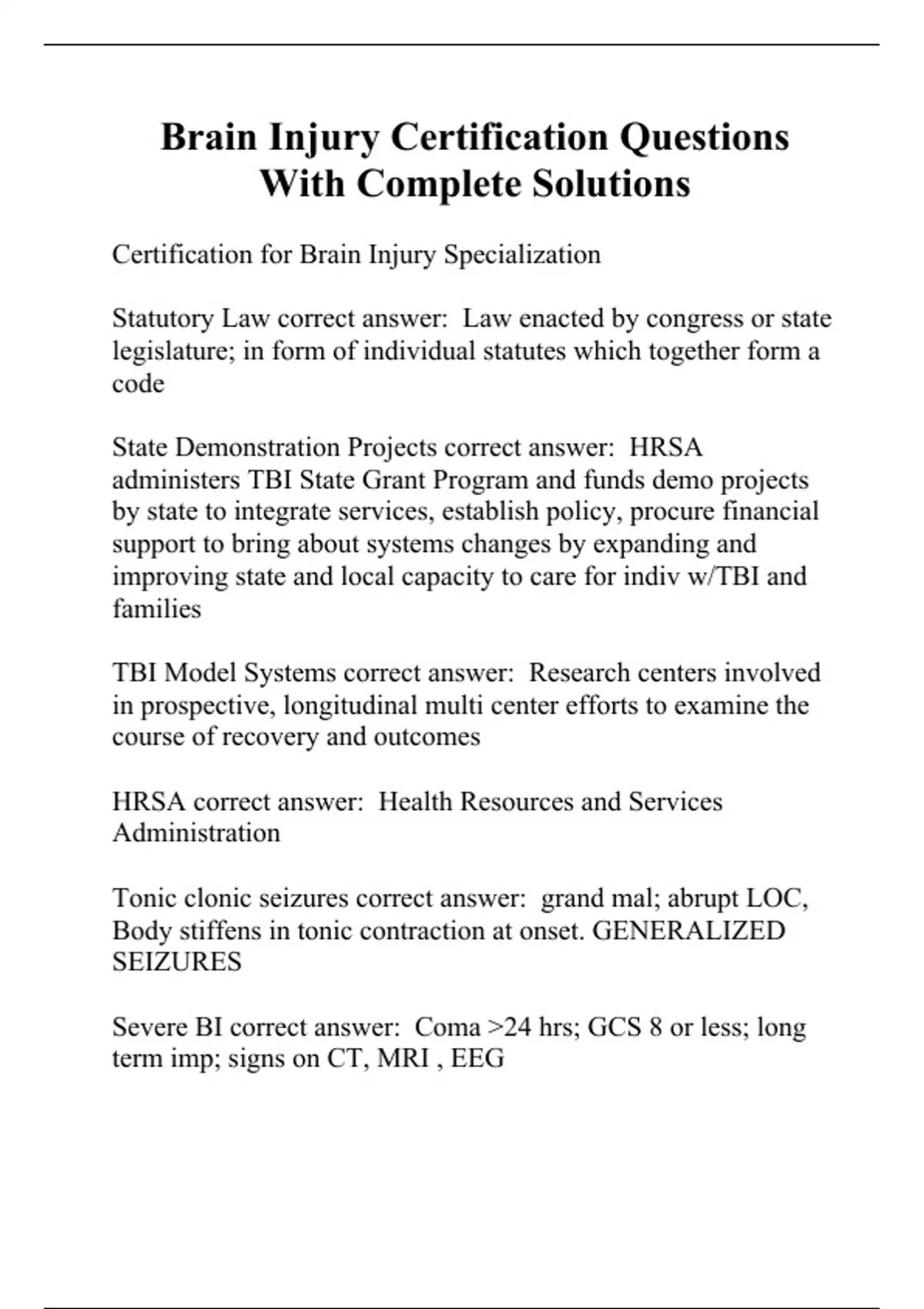 Brain Injury Certification Questions With Complete Solutions - CBIS ...