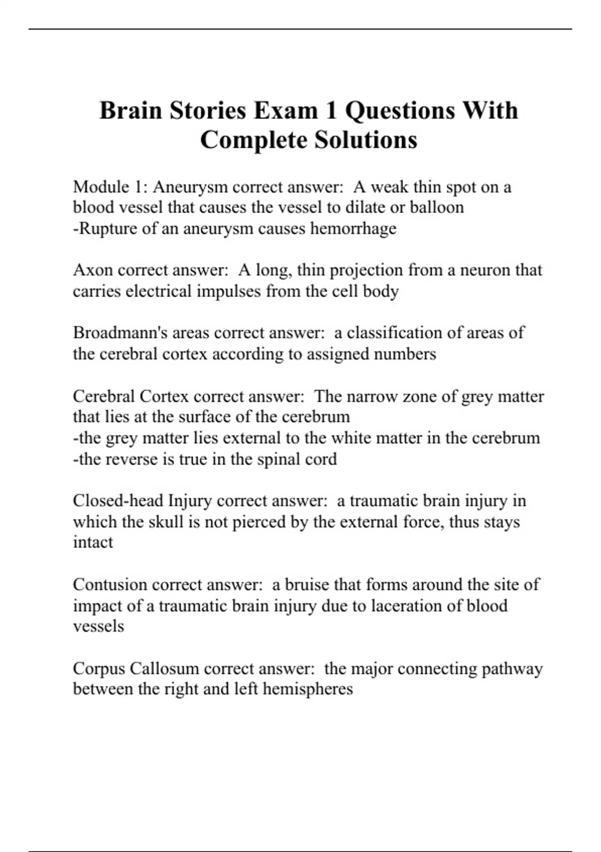 Brain Stories Exam 1 Questions With Complete Solutions - Brain Stories ...