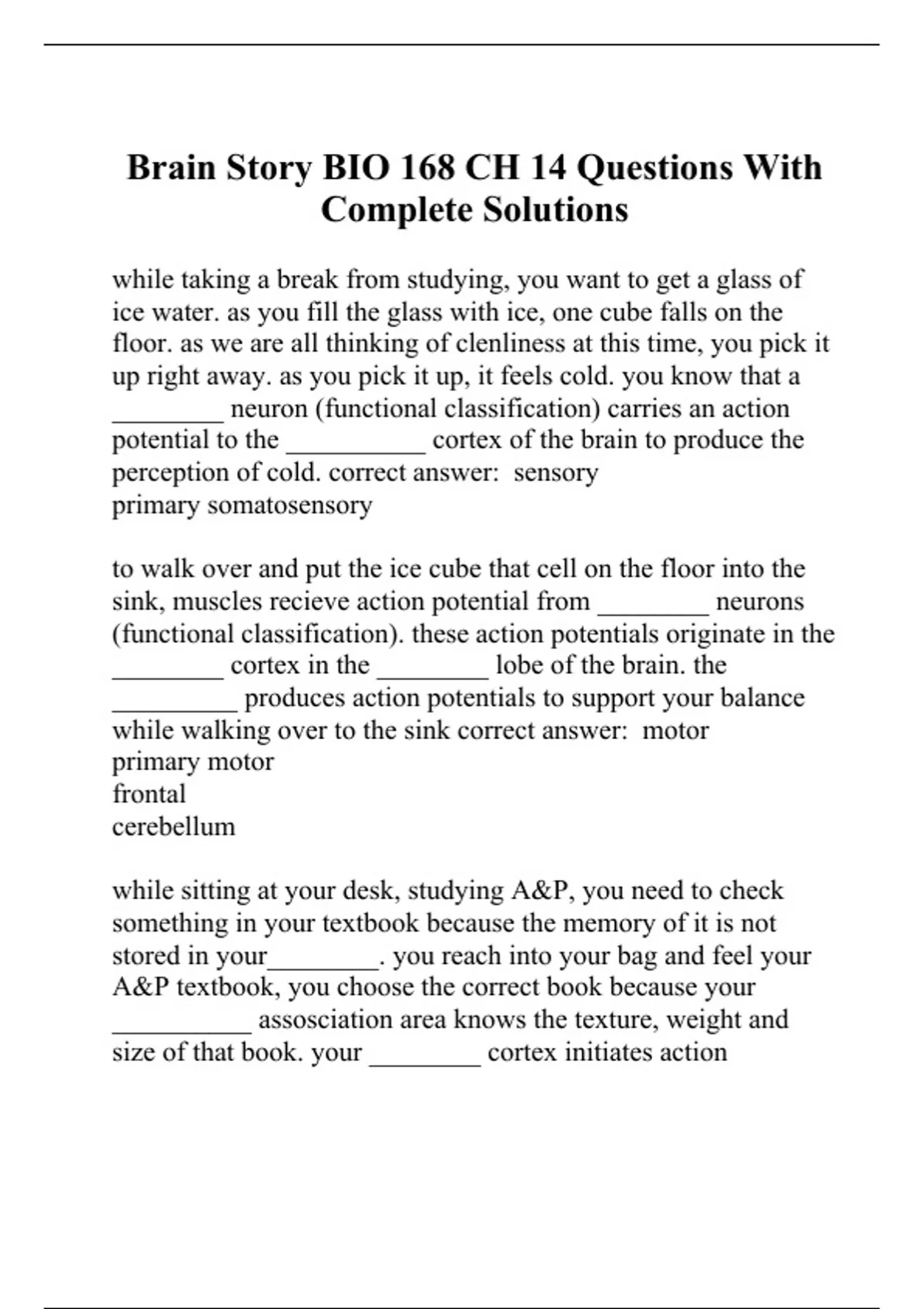 Brain Story BIO 168 CH 14 Questions With Complete Solutions - Brain ...