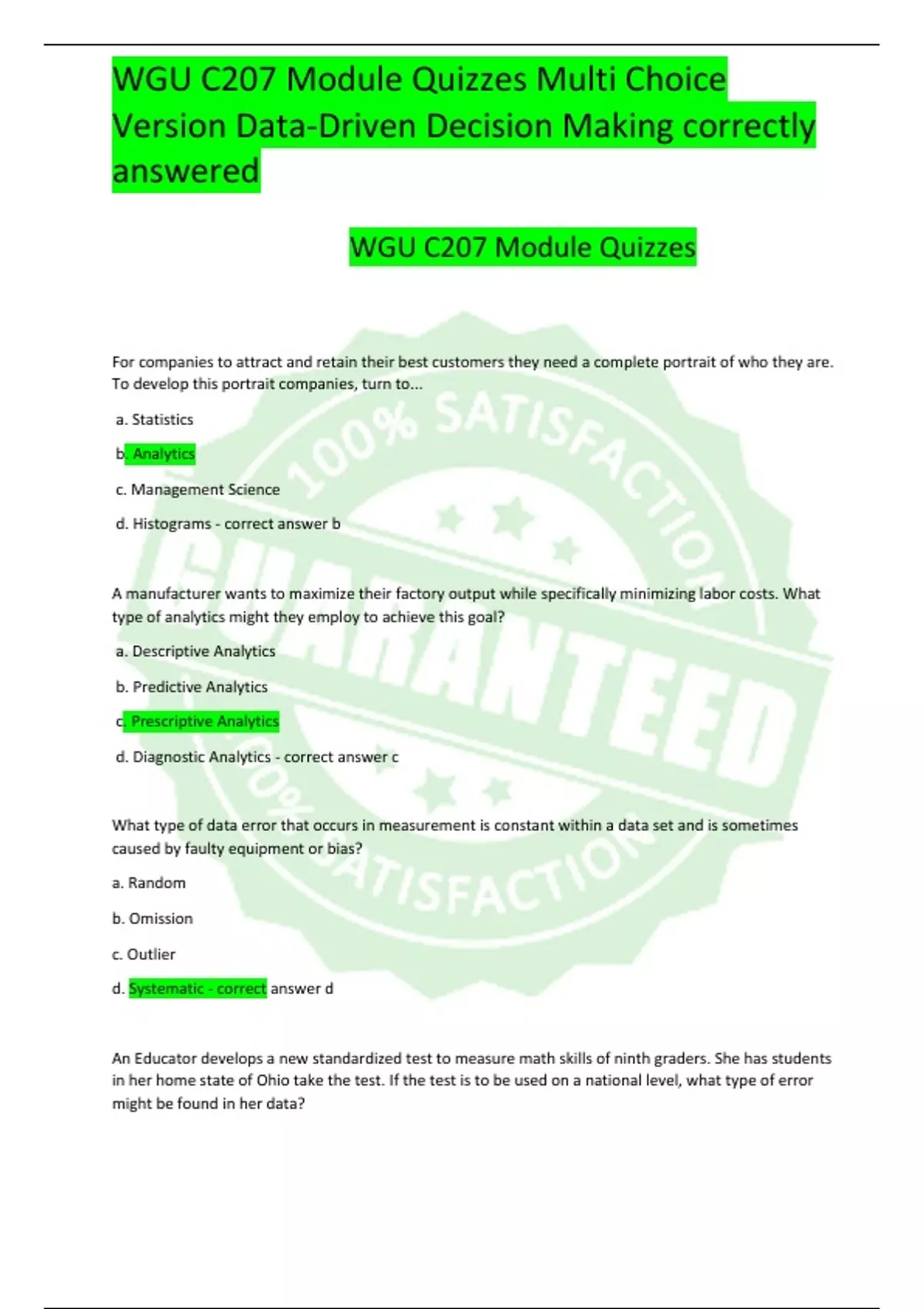 WGU C207 Module Quizzes Multi Choice Version Data-Driven Decision ...