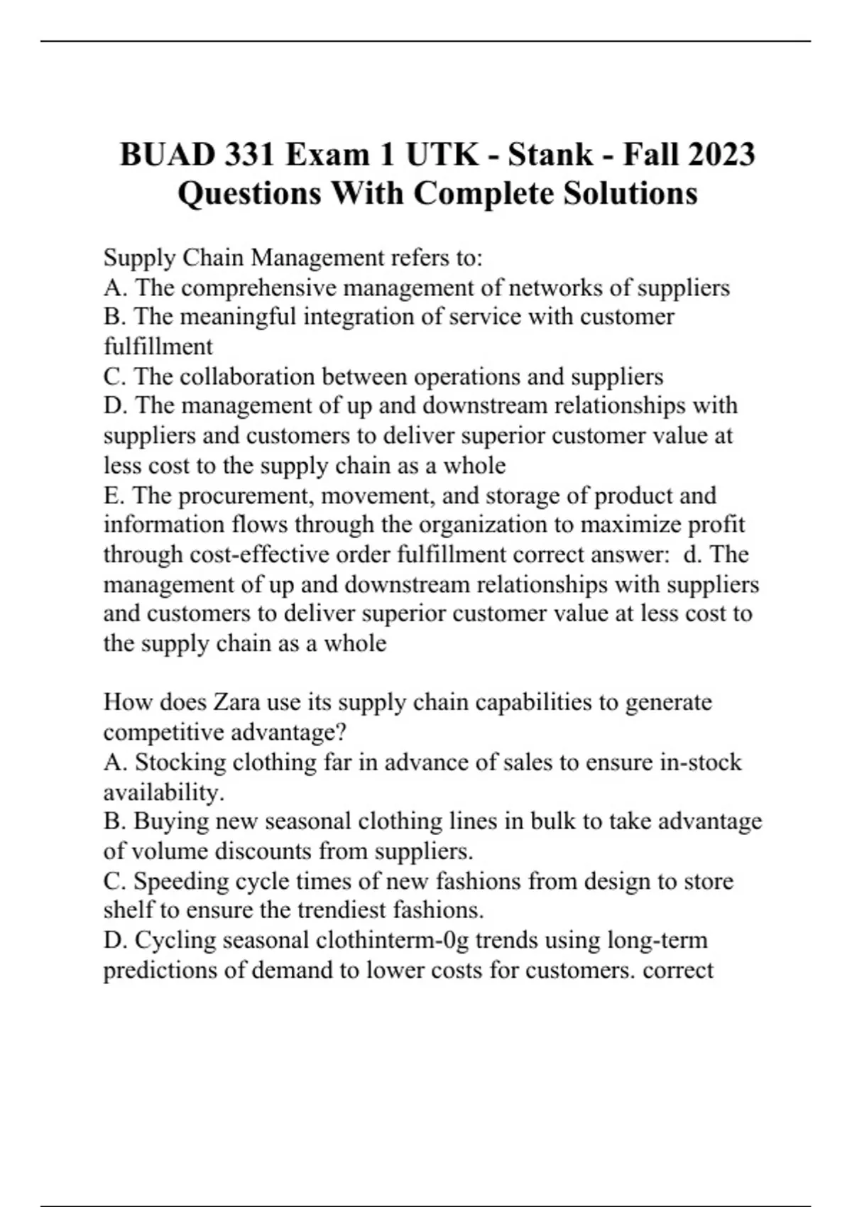 BUAD 331 Exam 1 UTK - Stank - Fall 2023 Questions With Complete ...