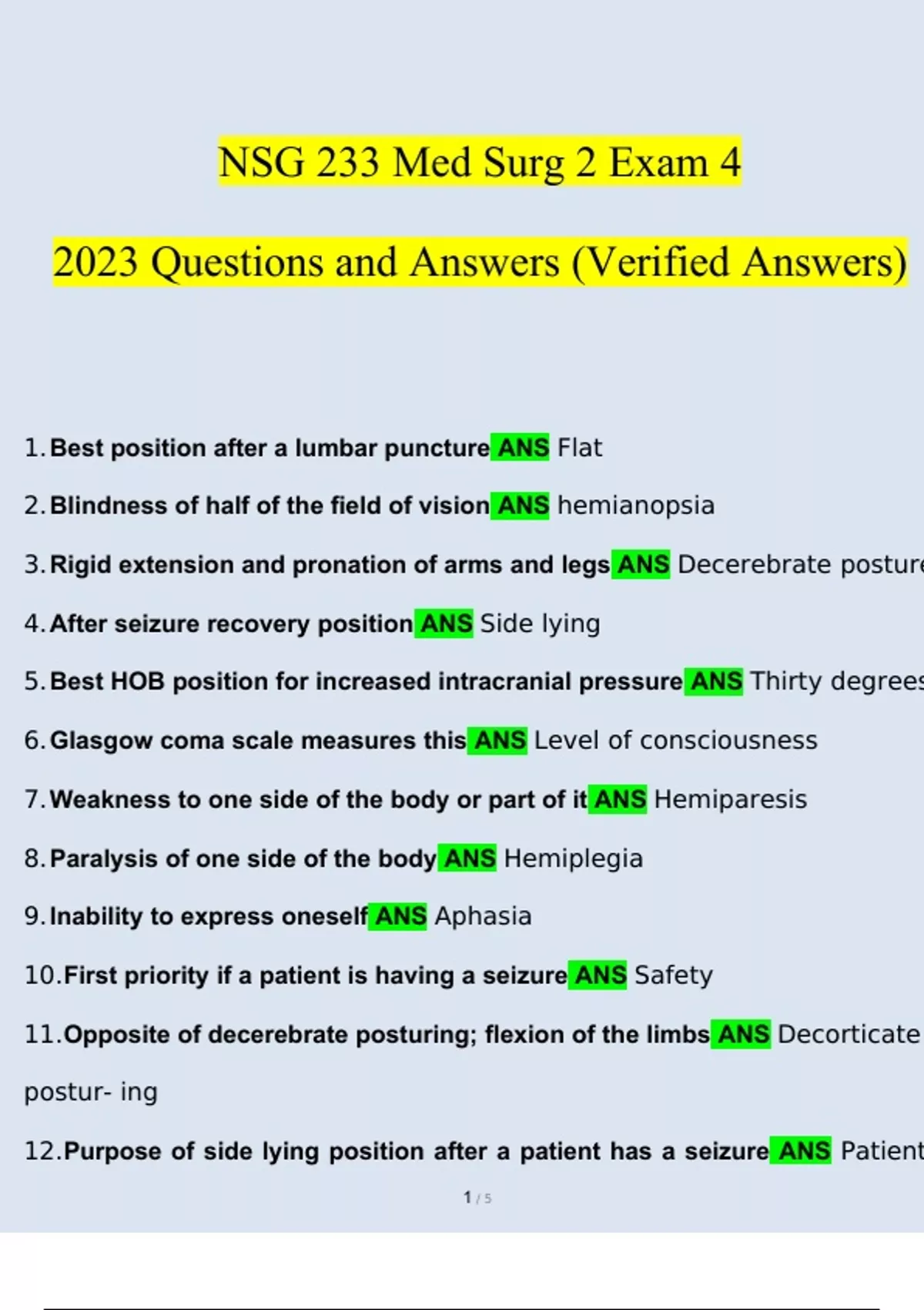 NSG 233 Med Surg 2 Exam 4 Questions and Answers 2023 (Verified Answers) - NSG 233 Med Surg ...