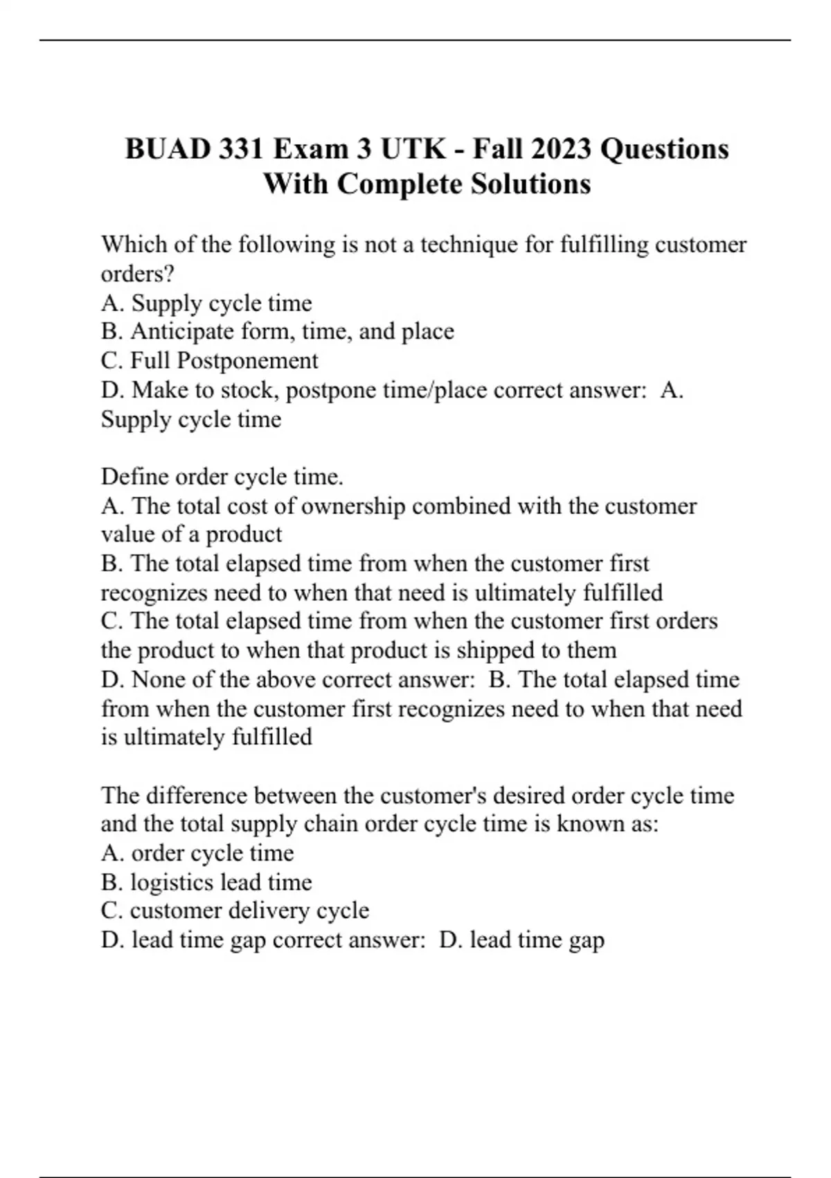 BUAD 331 Exam 3 UTK - Fall 2023 Questions With Complete Solutions ...