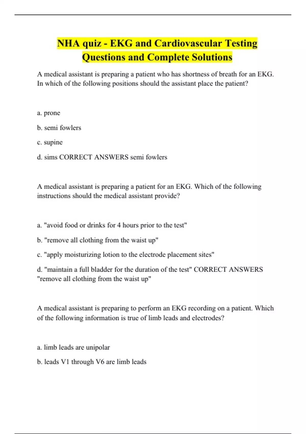 NHA quiz - EKG and Cardiovascular Testing Questions and Complete ...