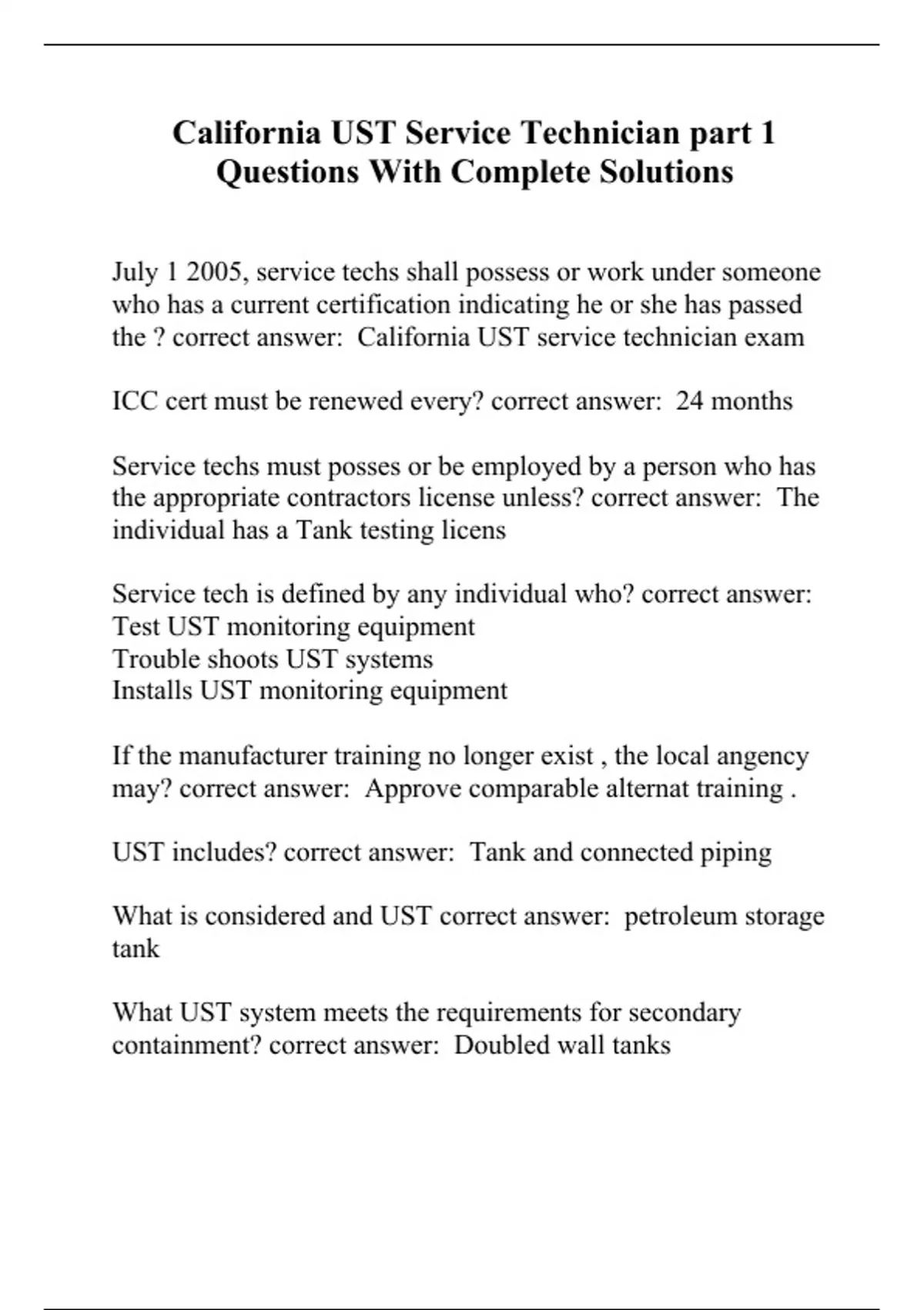 California UST Service Technician part 1 Questions With Complete Solutions - California UST ...