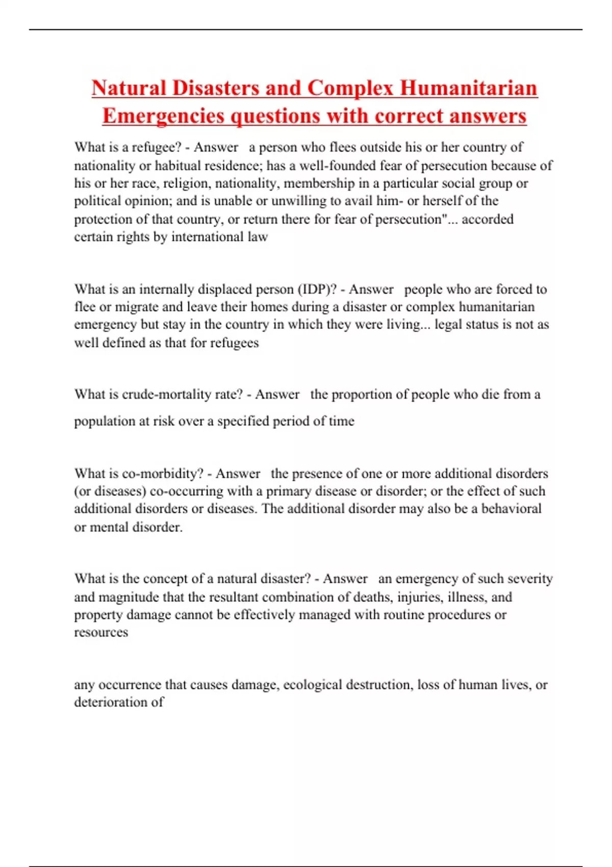 Natural Disasters and Complex Humanitarian Emergencies questions with ...