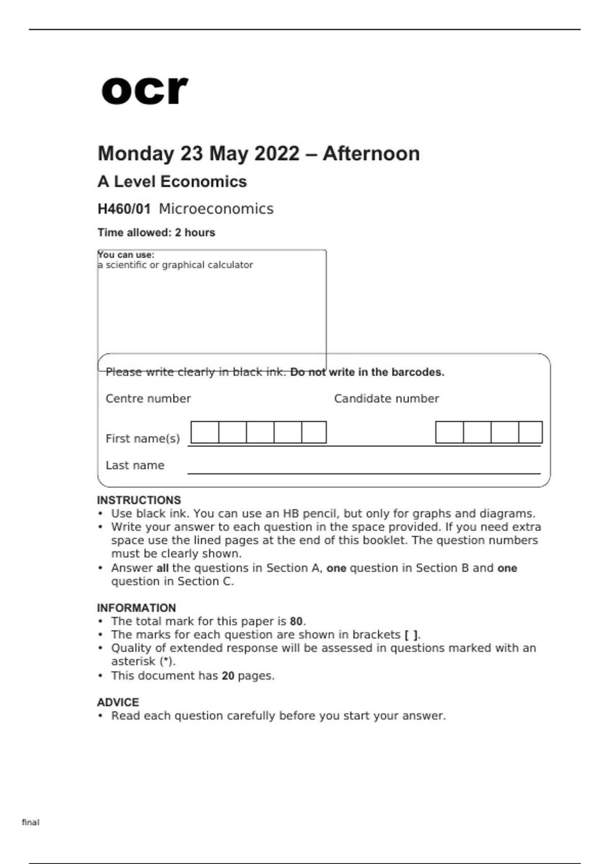 ocr A Level Economics (H460-01) Question Paper May2022 - A Level ...