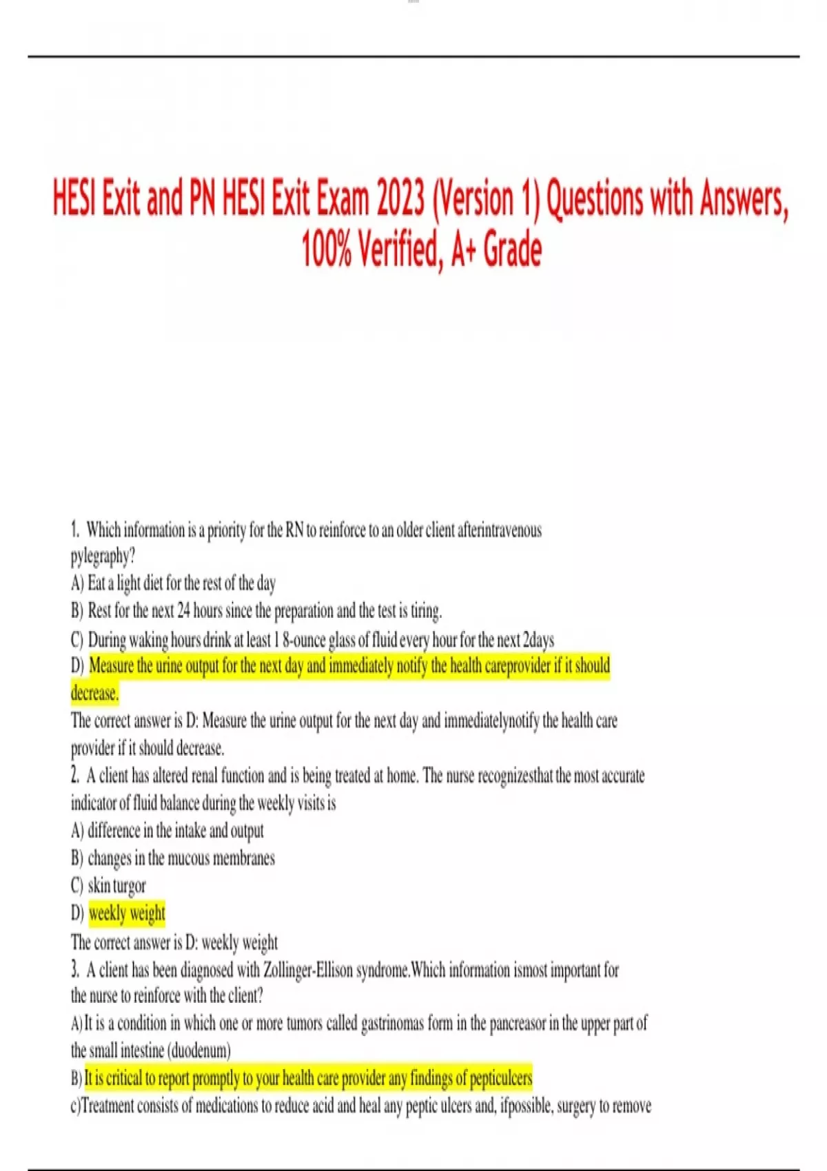HESI Exit and PN HESI Exit Exam 2023 (Version 1) Questions with Answers ...
