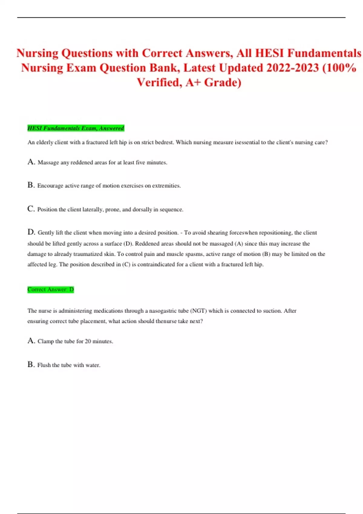 Nursing Questions with Correct Answers, All HESI Fundamentals Exam ...