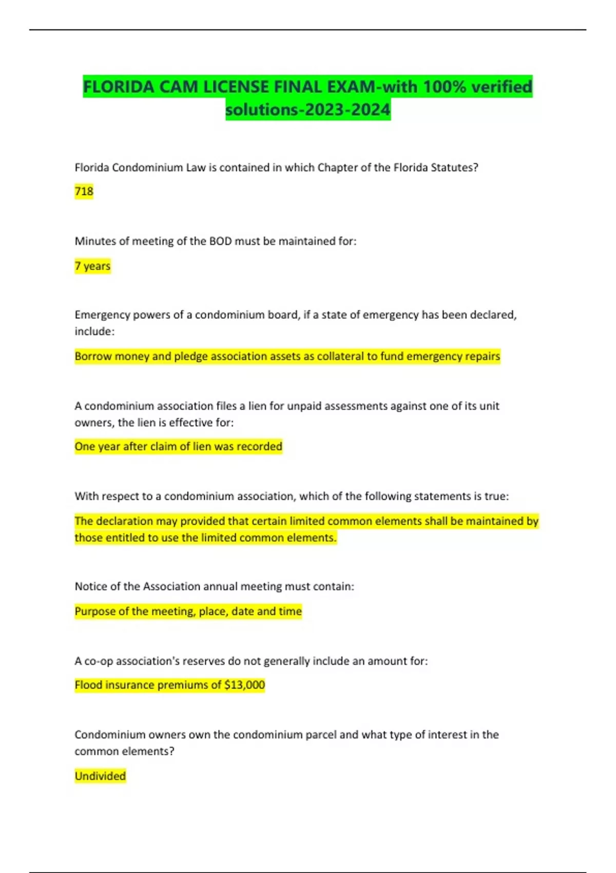 FLORIDA CAM LICENSE FINAL EXAM-with 100% verified solutions- - FLORIDA ...