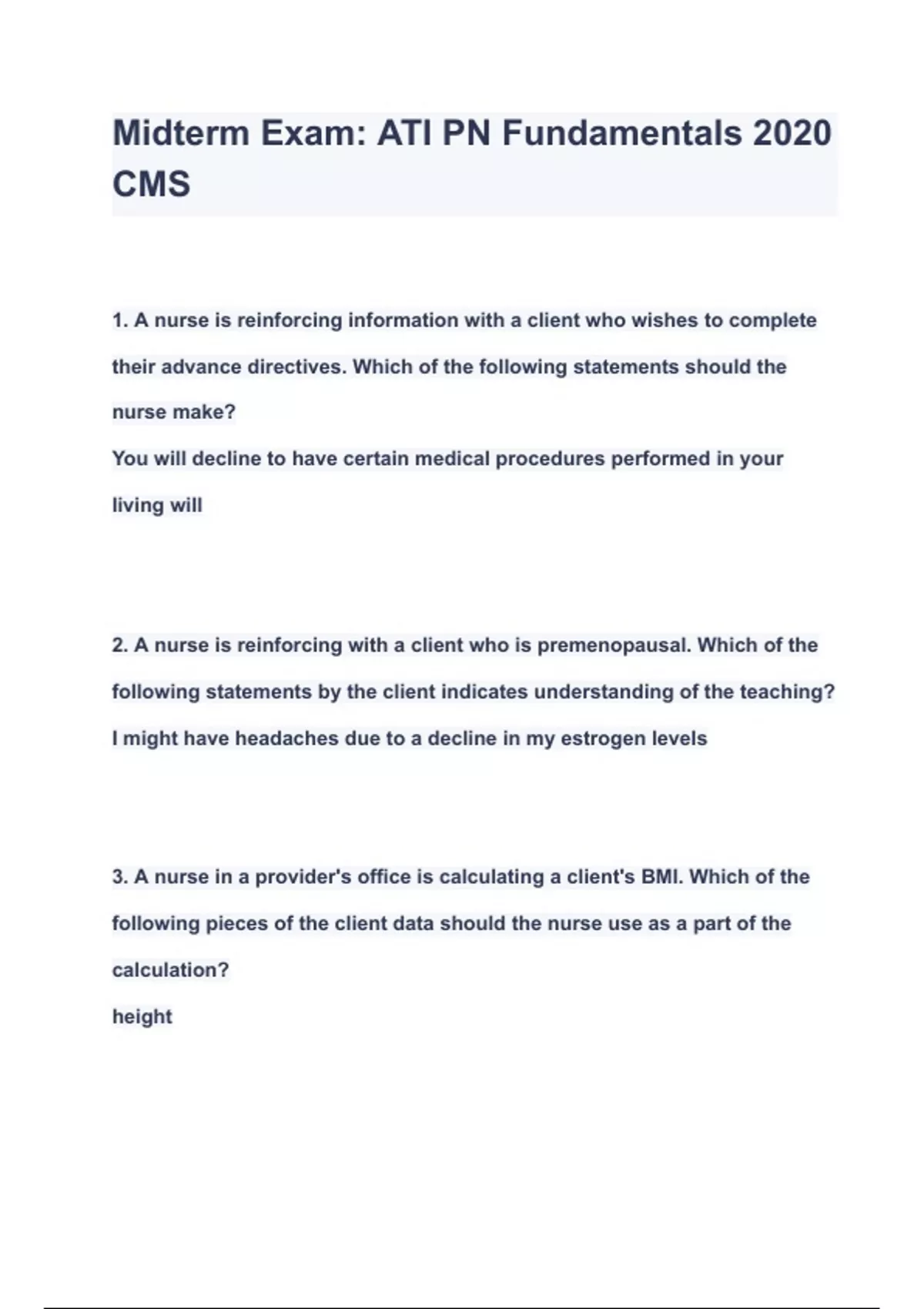 Midterm Exam: ATI PN Fundamentals 2023 CMS QUESTIONS & ANSWERS ( A+ GRADED 100% VERIFIED) - CMS ...