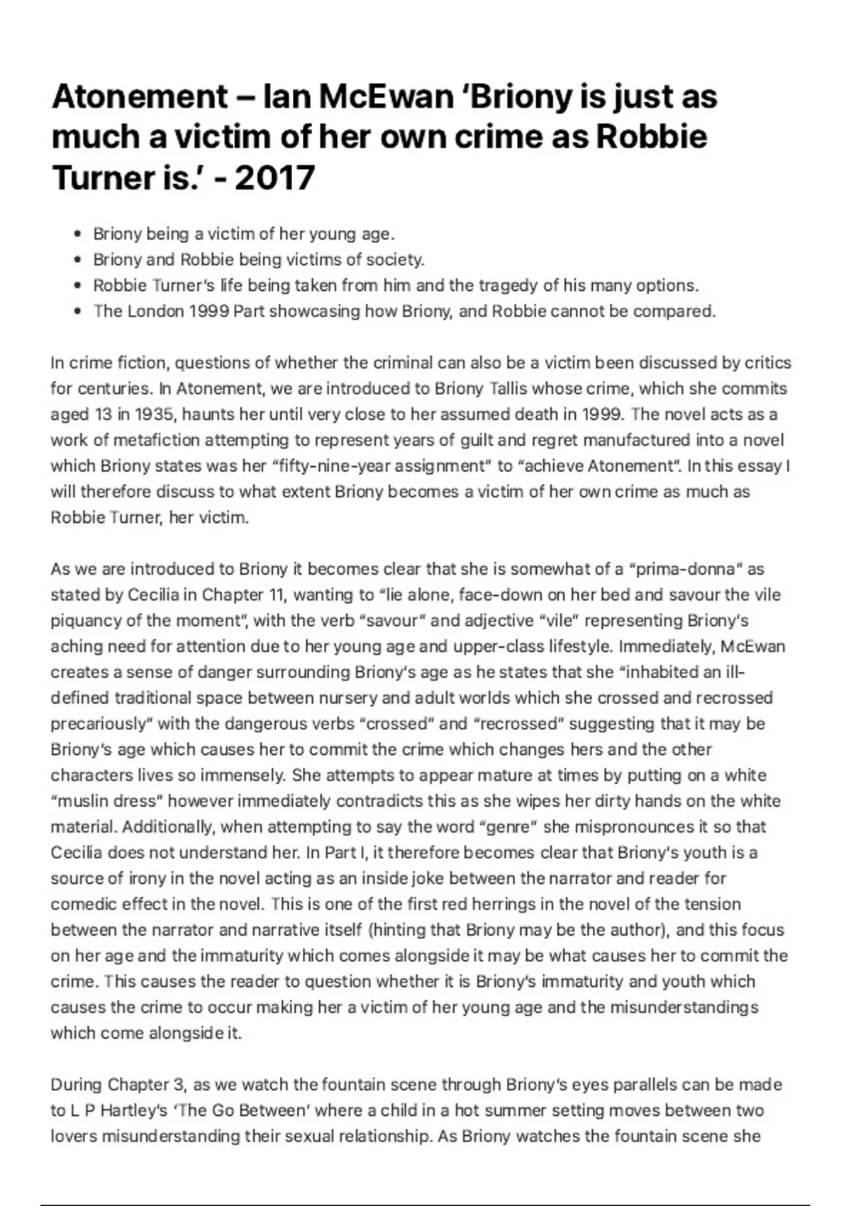 Summary Atonement Essay – Ian McEwan ‘Briony is just as much a victim ...