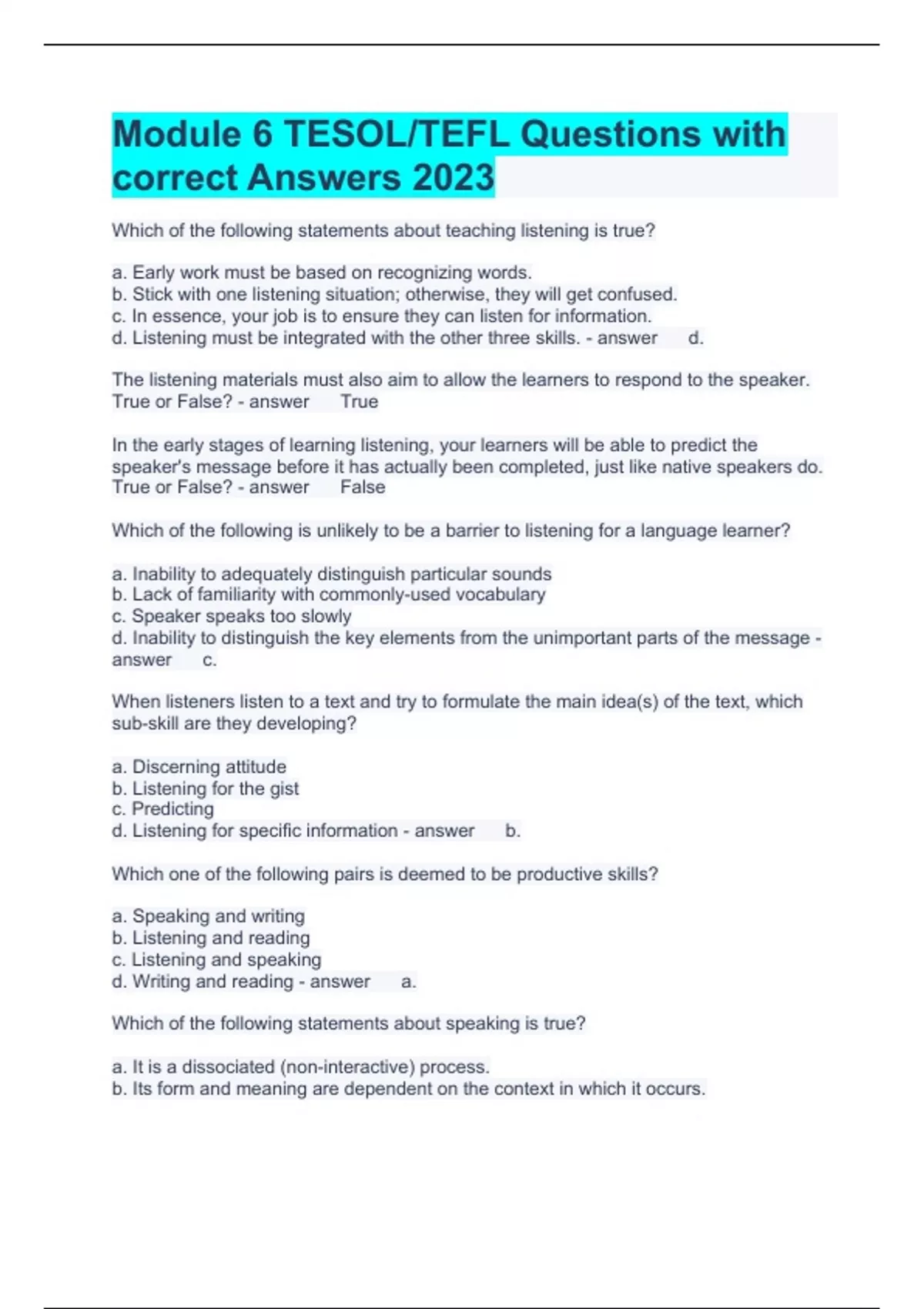 Module 6 TESOL/TEFL Questions with correct Answers 2023 - TEFL - Stuvia US