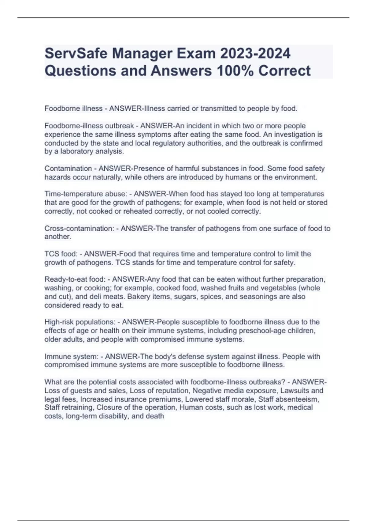 Servsafe Manager Exam Questions And Answers 100 Correct Servsafe Manager Stuvia Us