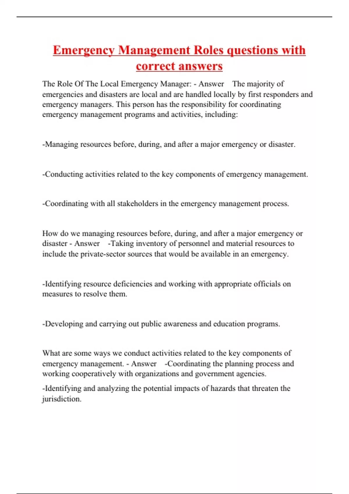 Emergency Management Roles questions with correct answers - CEM ...