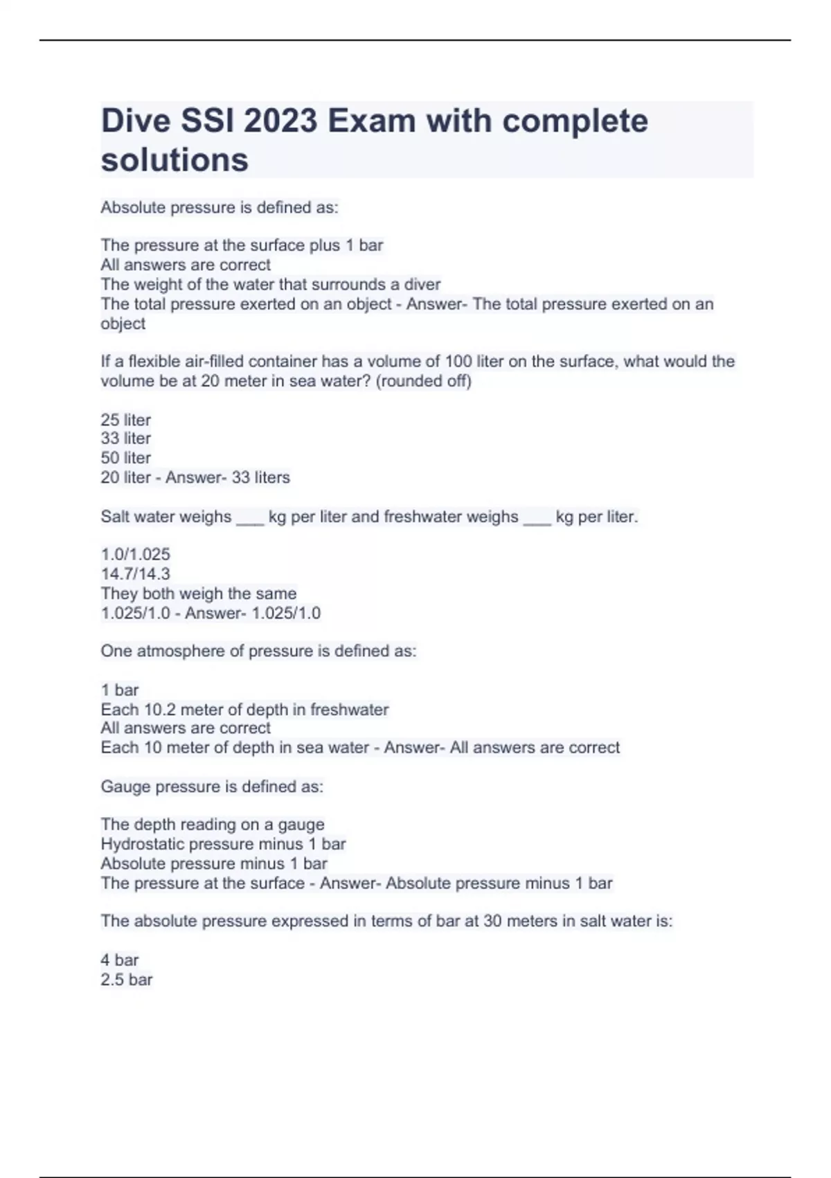 Dive SSI 2023 Exam with complete solutions - Dive SSI - Stuvia US