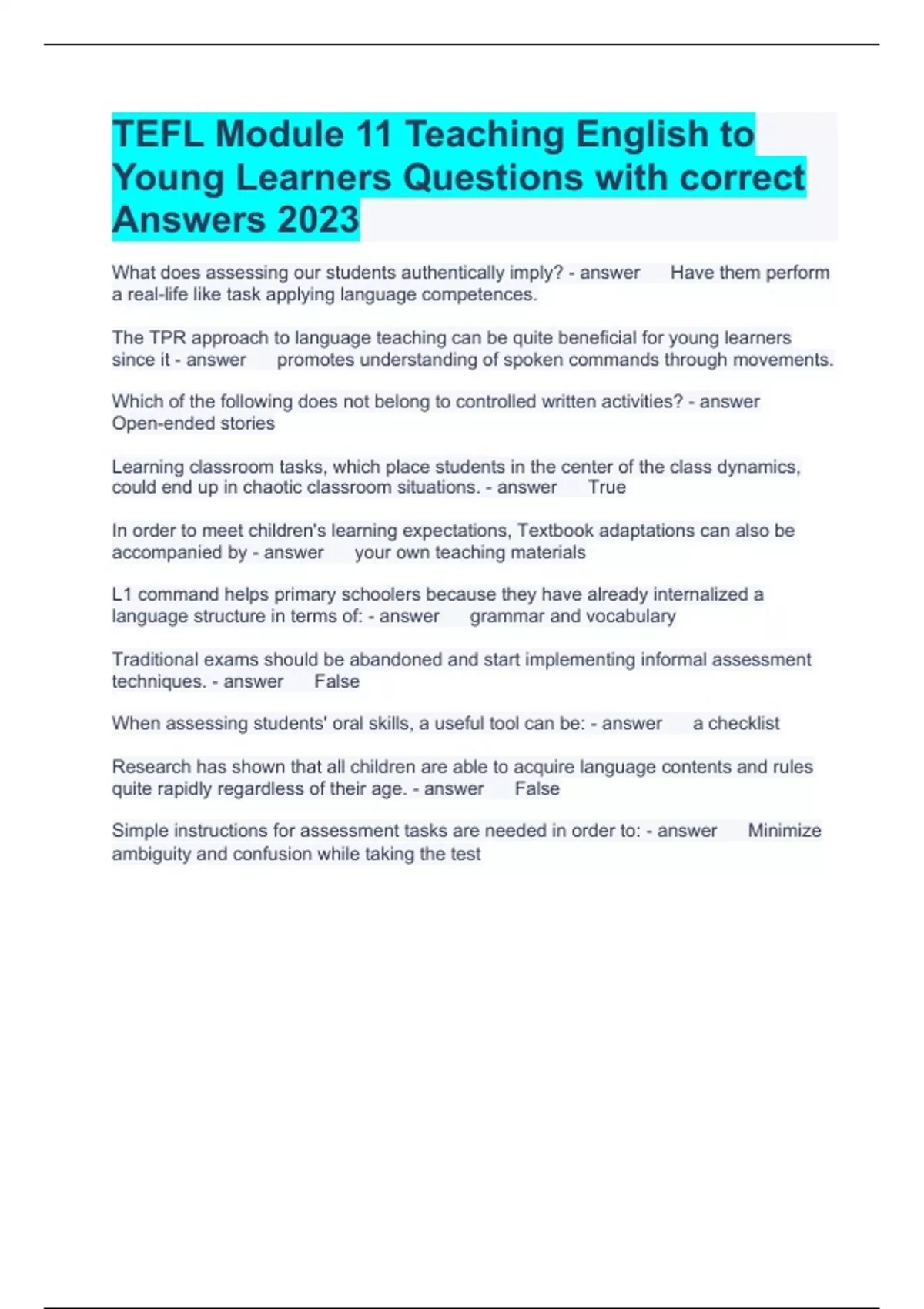 TEFL Module 11 Teaching English to Young Learners Questions with ...