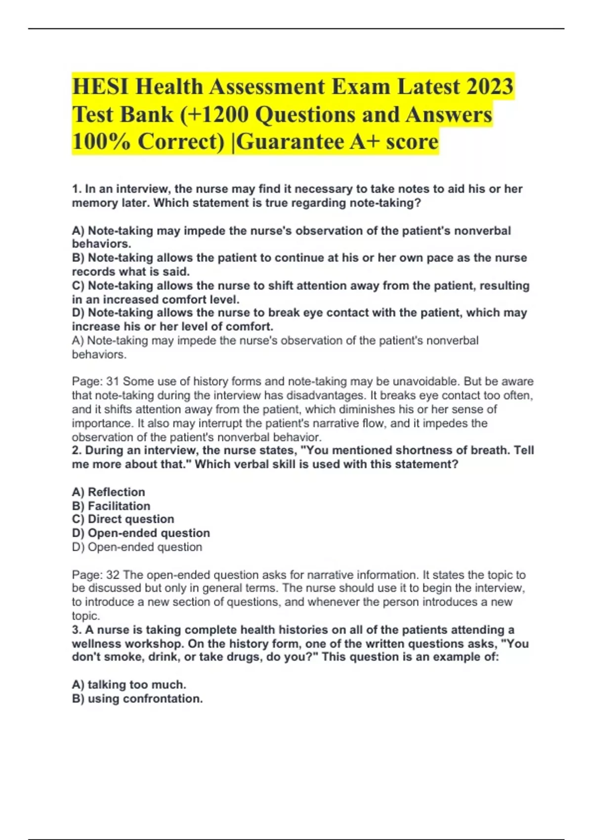 HESI Health Assessment Exam Latest 2023 Test Bank (+1200 Questions and ...