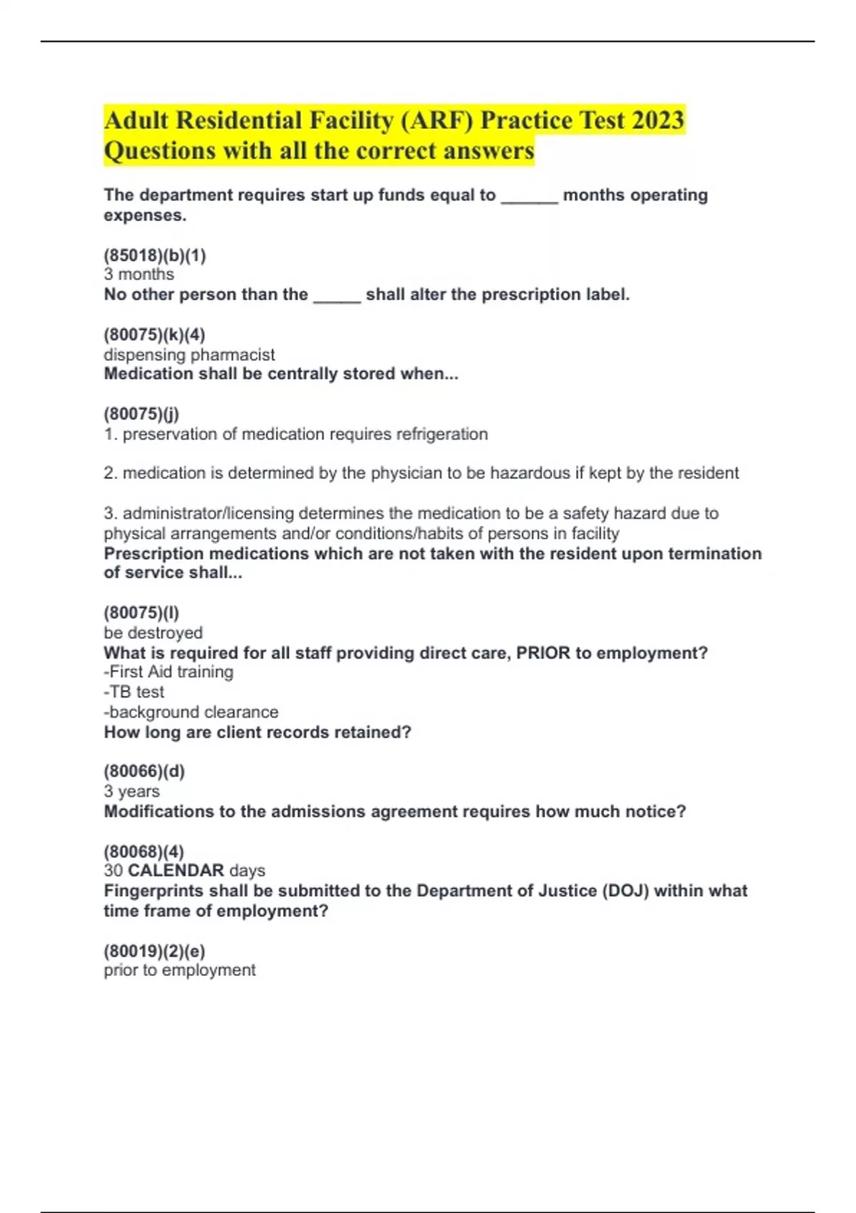 Adult Residential Facility (ARF) Practice Test 2023 Questions with all ...