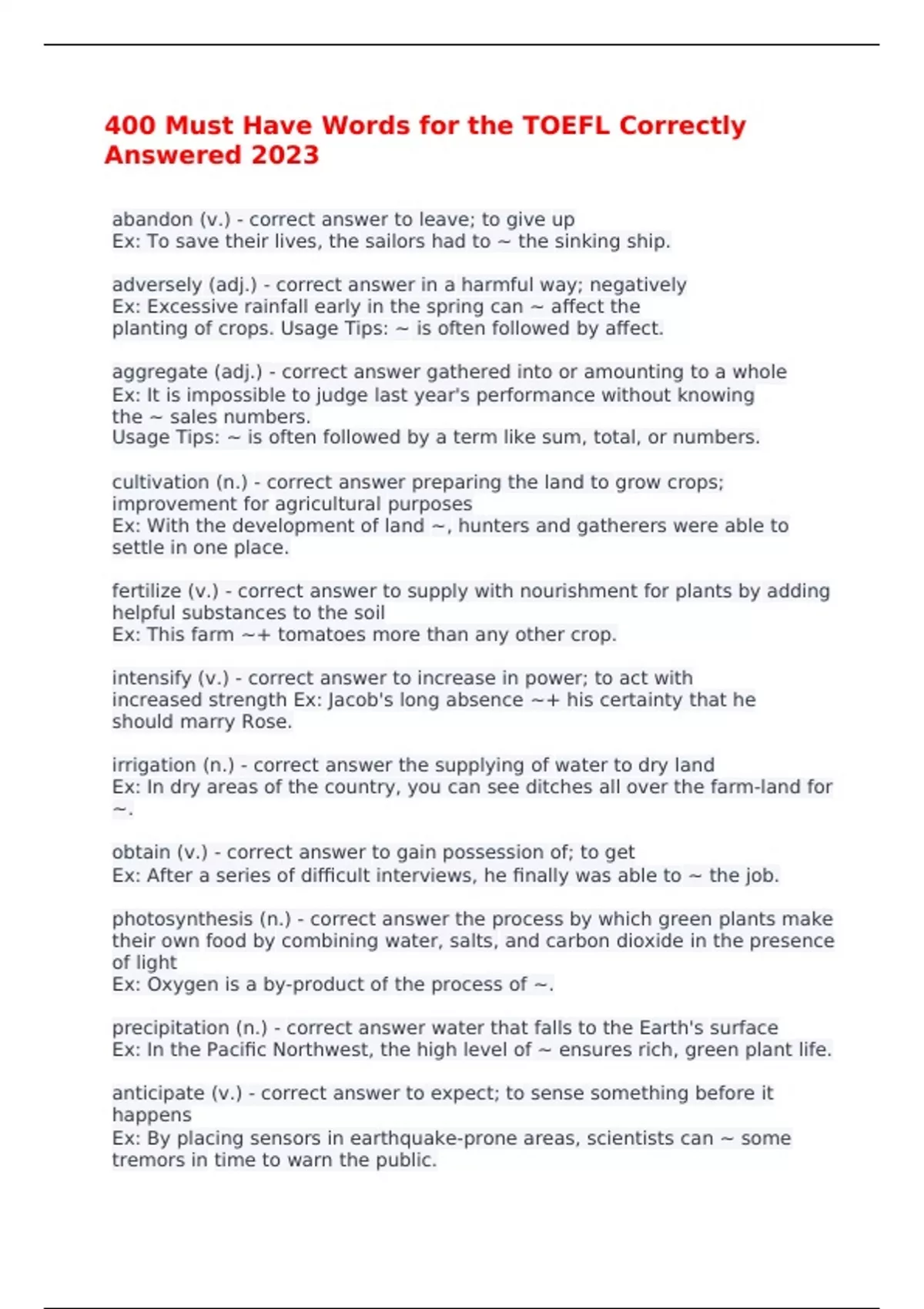 400 Must Have Words for the TOEFL Correctly Answered 2023 - Toefl ...