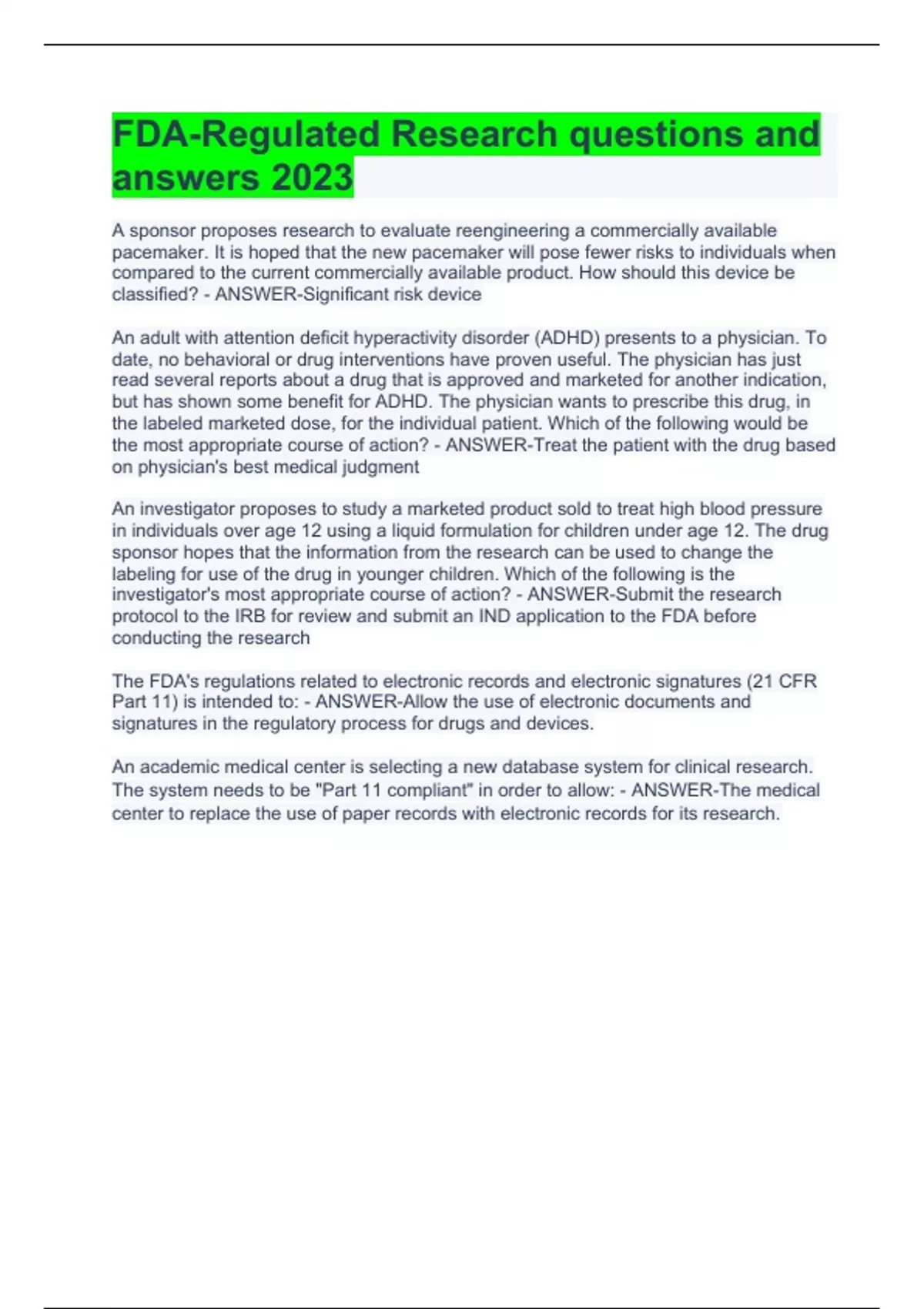 FDA-Regulated Research questions and answers 2023 - FDA - Stuvia US