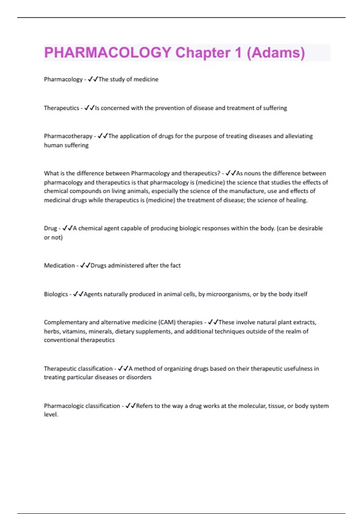 PHARMACOLOGY Chapter 1 (Adams)| Questions and Answers with complete ...