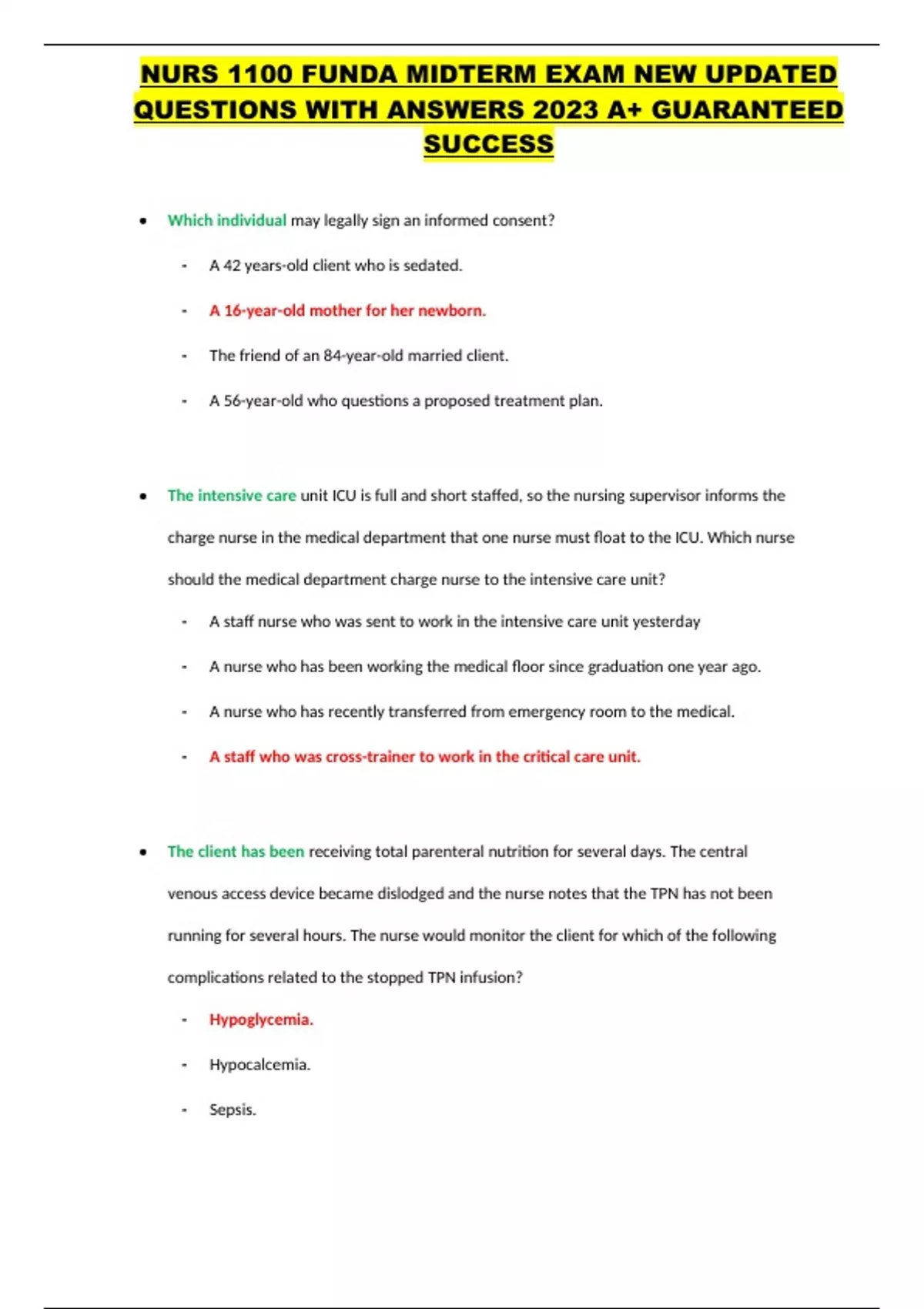 NURS 1100 FUNDA MIDTERM EXAM NEW UPDATED QUESTIONS WITH ANSWERS 2023 A+ GUARANTEED SUCCESS ...