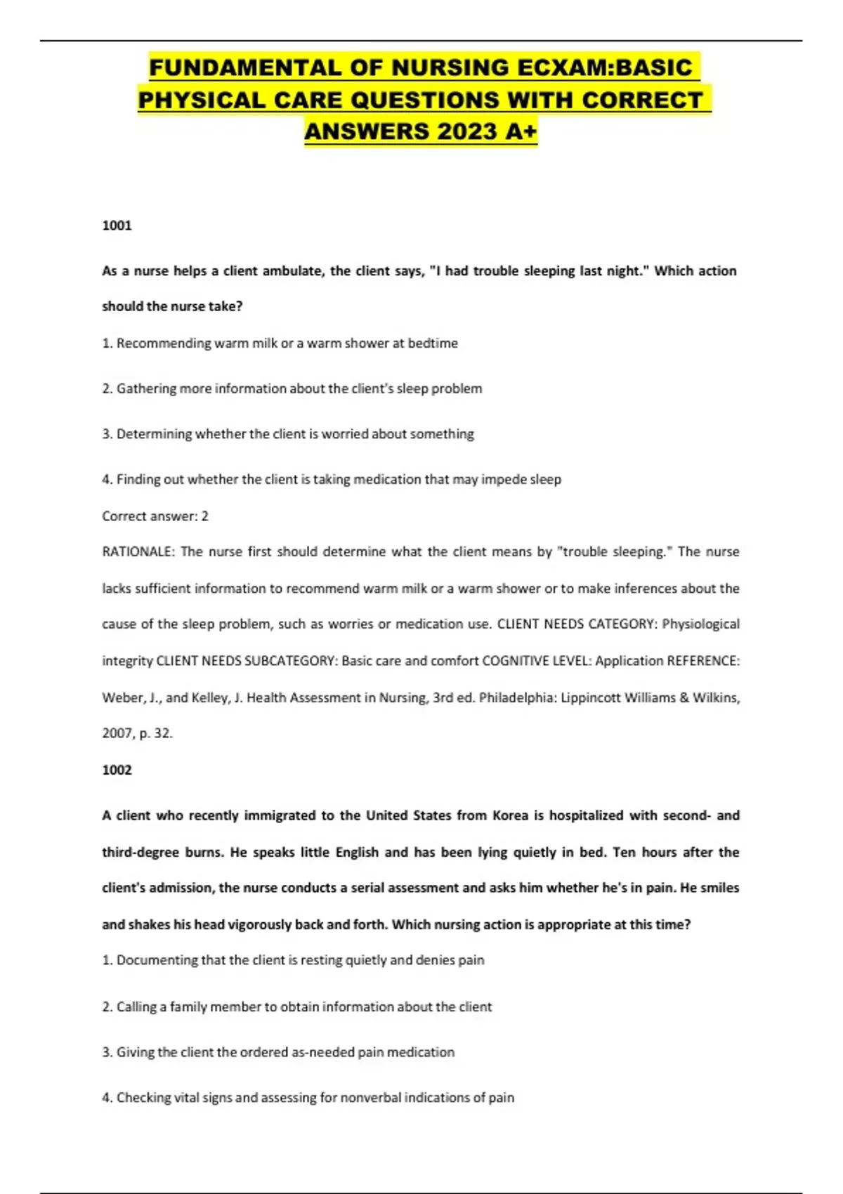 FUNDAMENTAL OF NURSING ECXAM:BASIC PHYSICAL CARE QUESTIONS WITH CORRECT ...