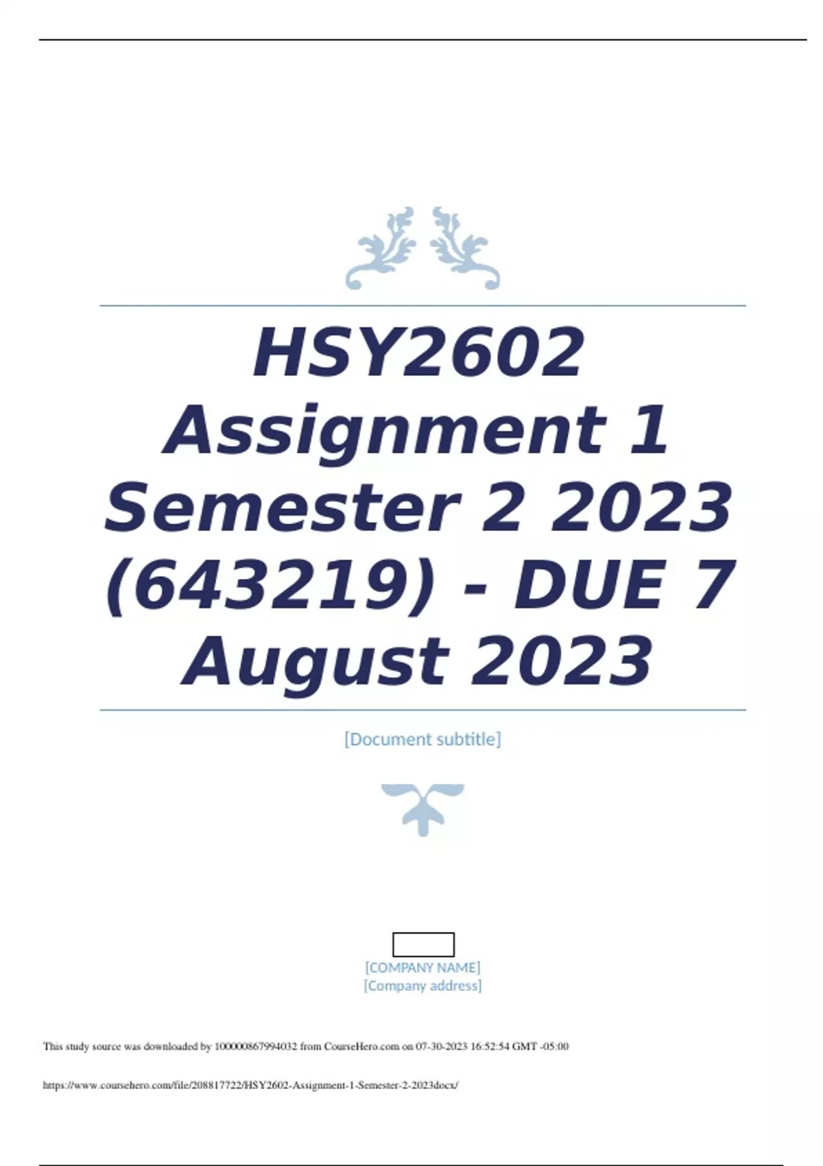 HSY2602 Assignment 1 Semester 2 2023 (643219) - DUE 7 August 2023 ...