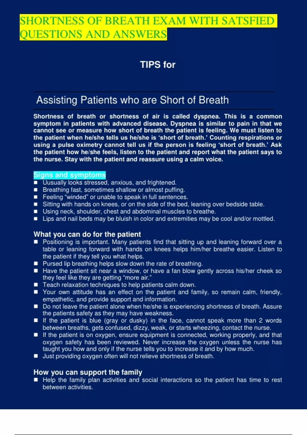 SHORTNESS OF BREATH EXAM WITH SATSFIED QUESTIONS AND ANSWERS ...