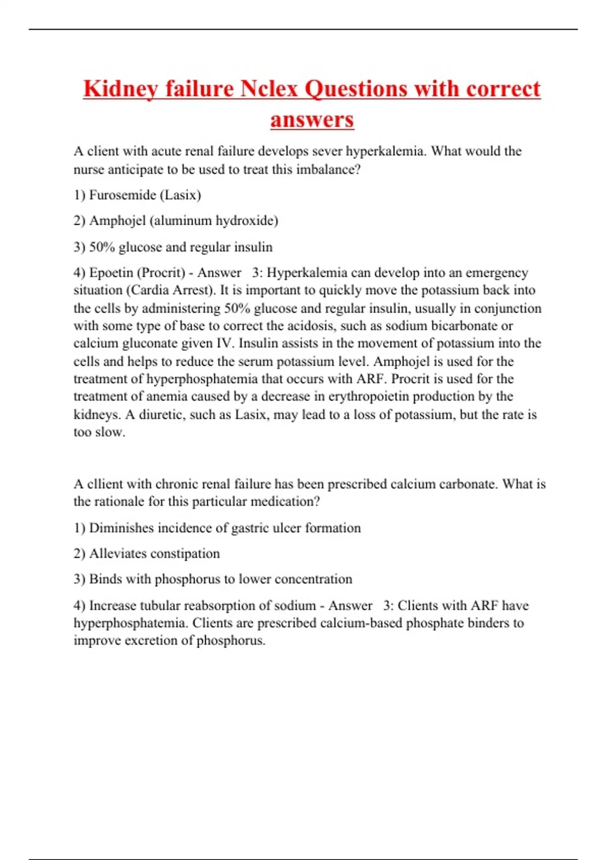 Kidney failure Nclex Questions with correct answers - Kidney failure ...