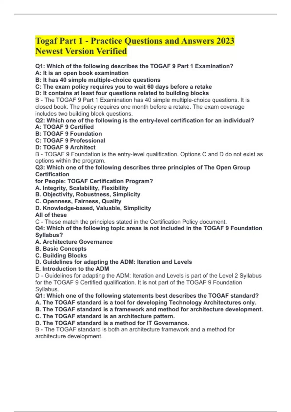 Togaf Part 1 - Practice Questions and Answers 2023 Newest Version ...