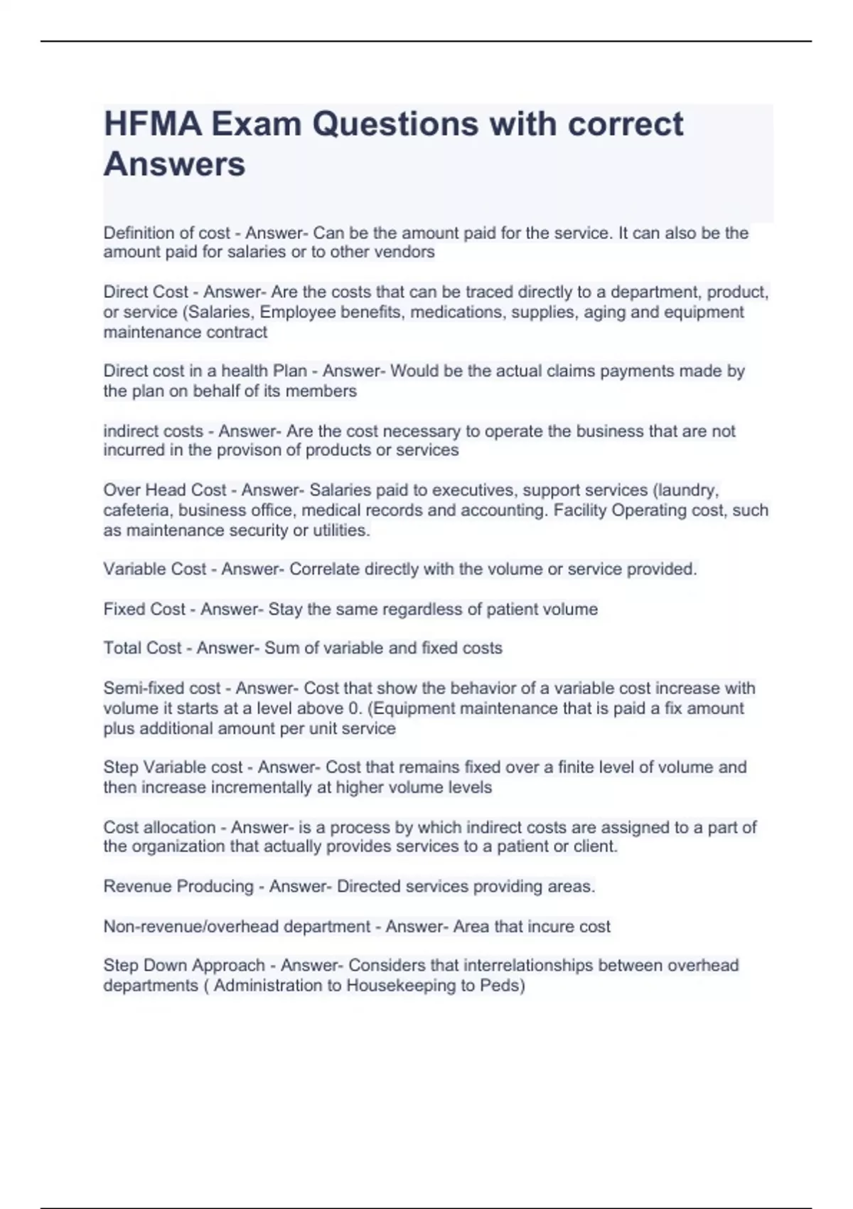 HFMA Exam Questions with correct Answers - HFMA - Stuvia US