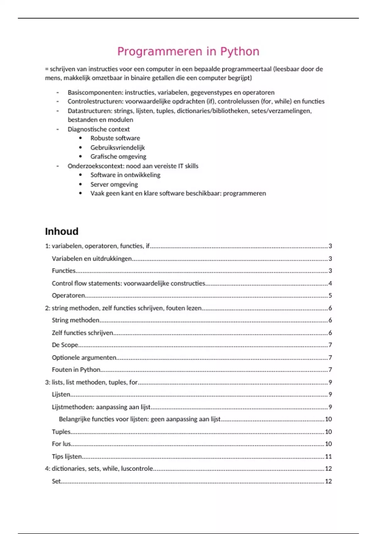 Samenvatting samenvattende nota's programmeren in Python - D013519A Programmeren In Python ...