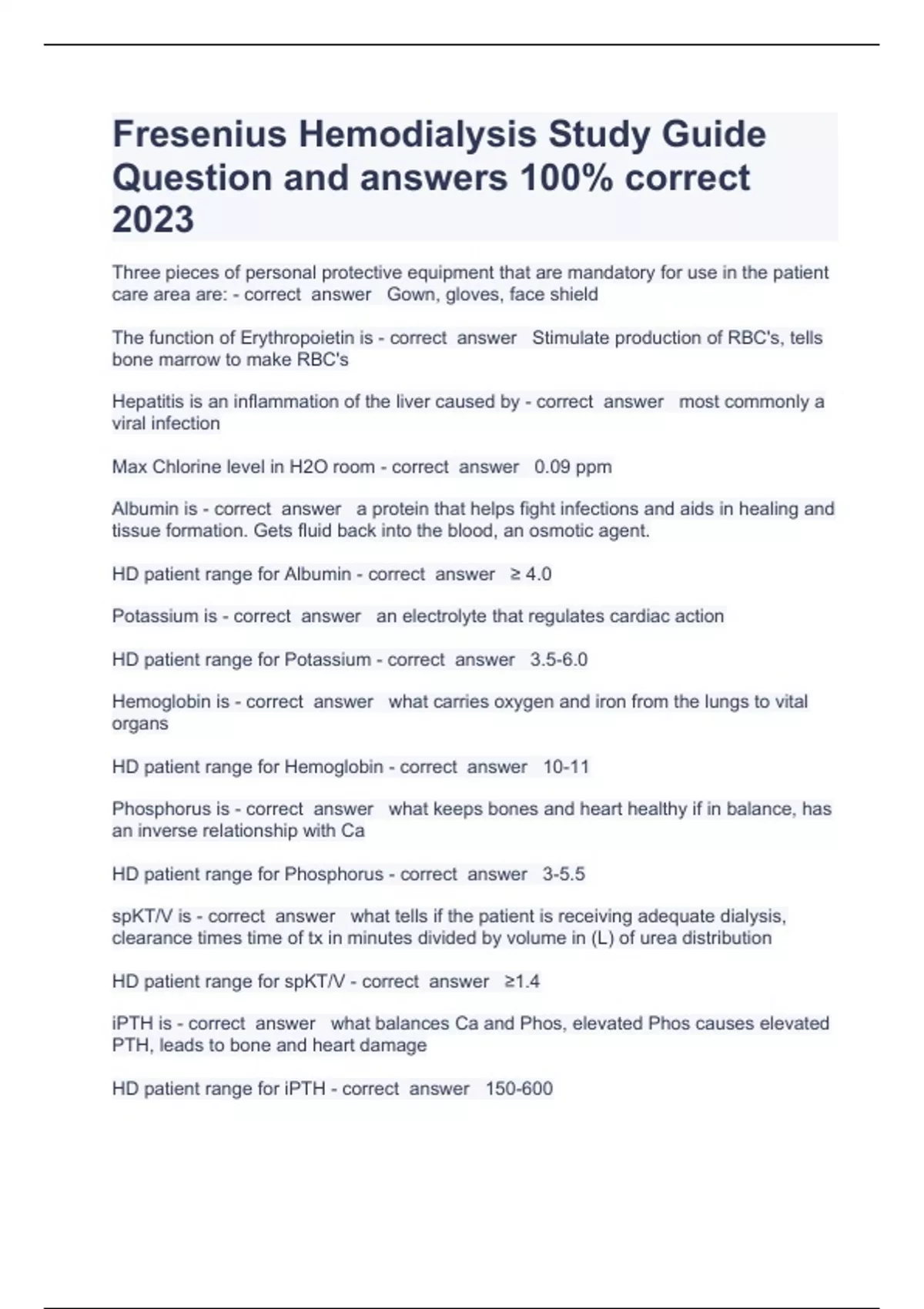 Fresenius Hemodialysis Study Guide Question and answers 100% correct ...