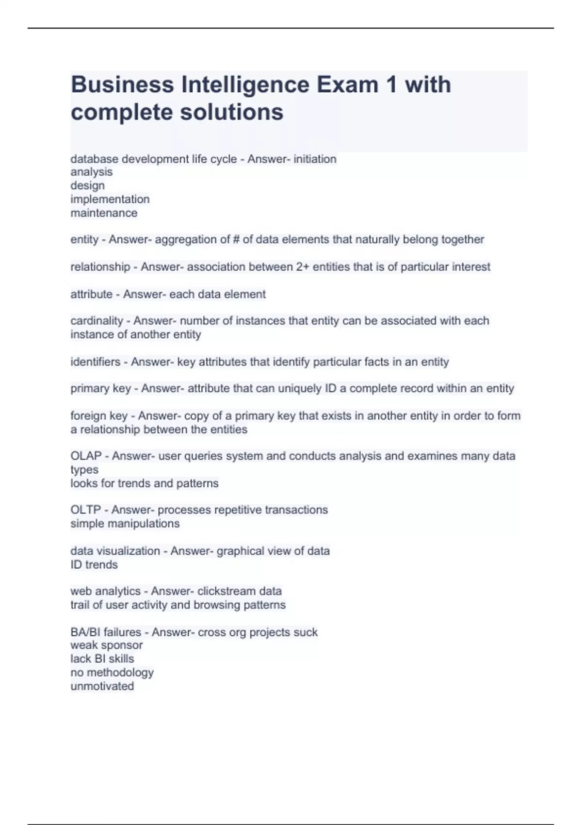 Business Intelligence Exam 1 with complete solutions - Business ...