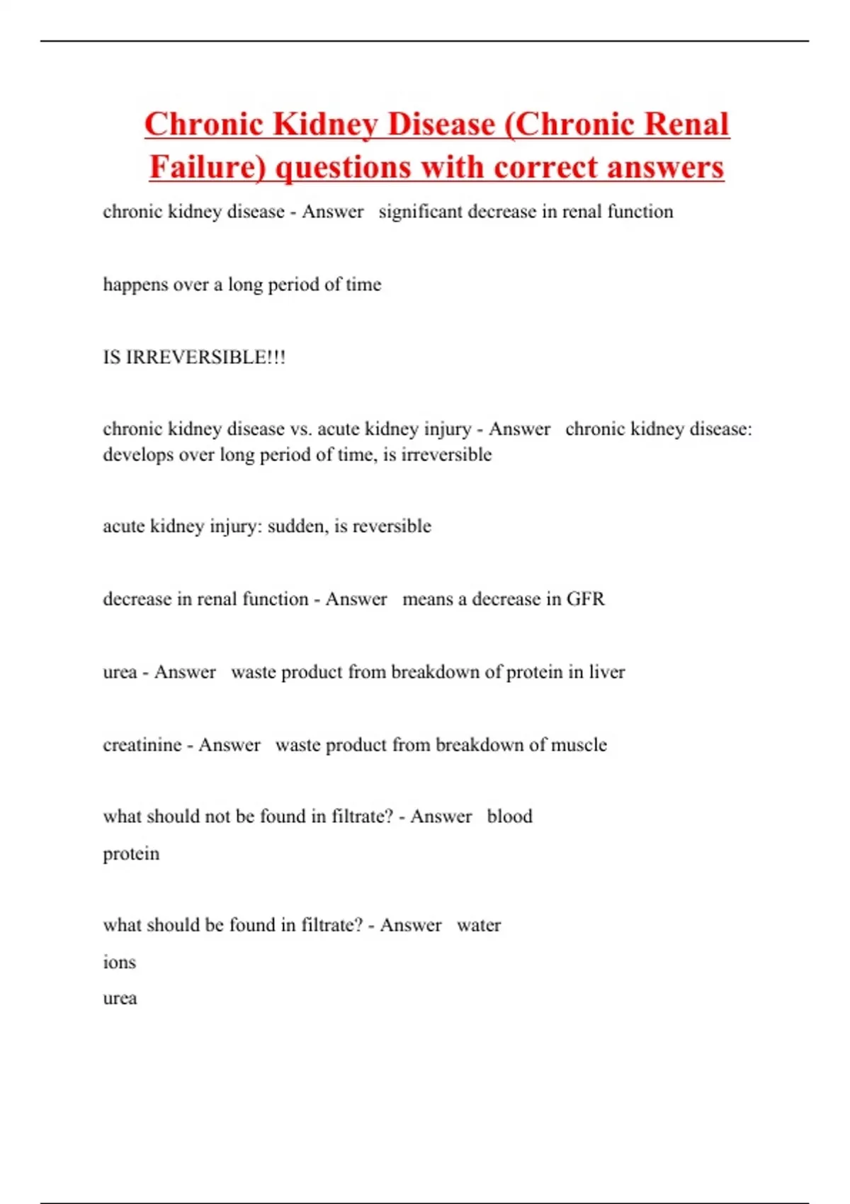 Chronic Kidney Disease (Chronic Renal Failure) questions with correct ...